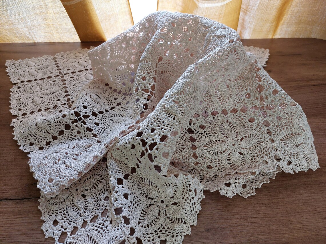 Vintage Scandinavian Handmade Crochet Square Linen Tablecloth - Etsy