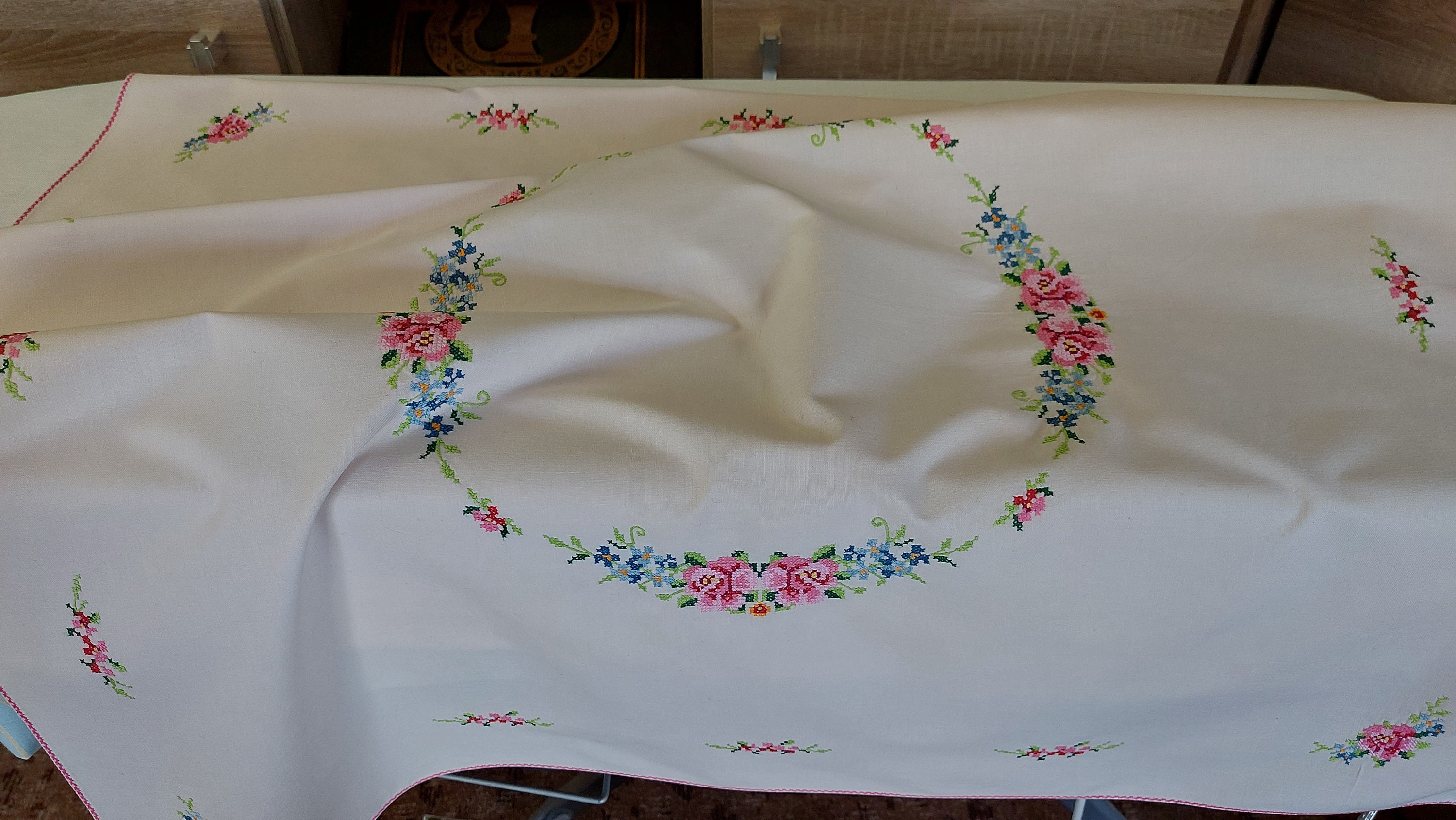 Hand Embroidered Floral Vintage Square Tablecloth , Cross Stitch ...