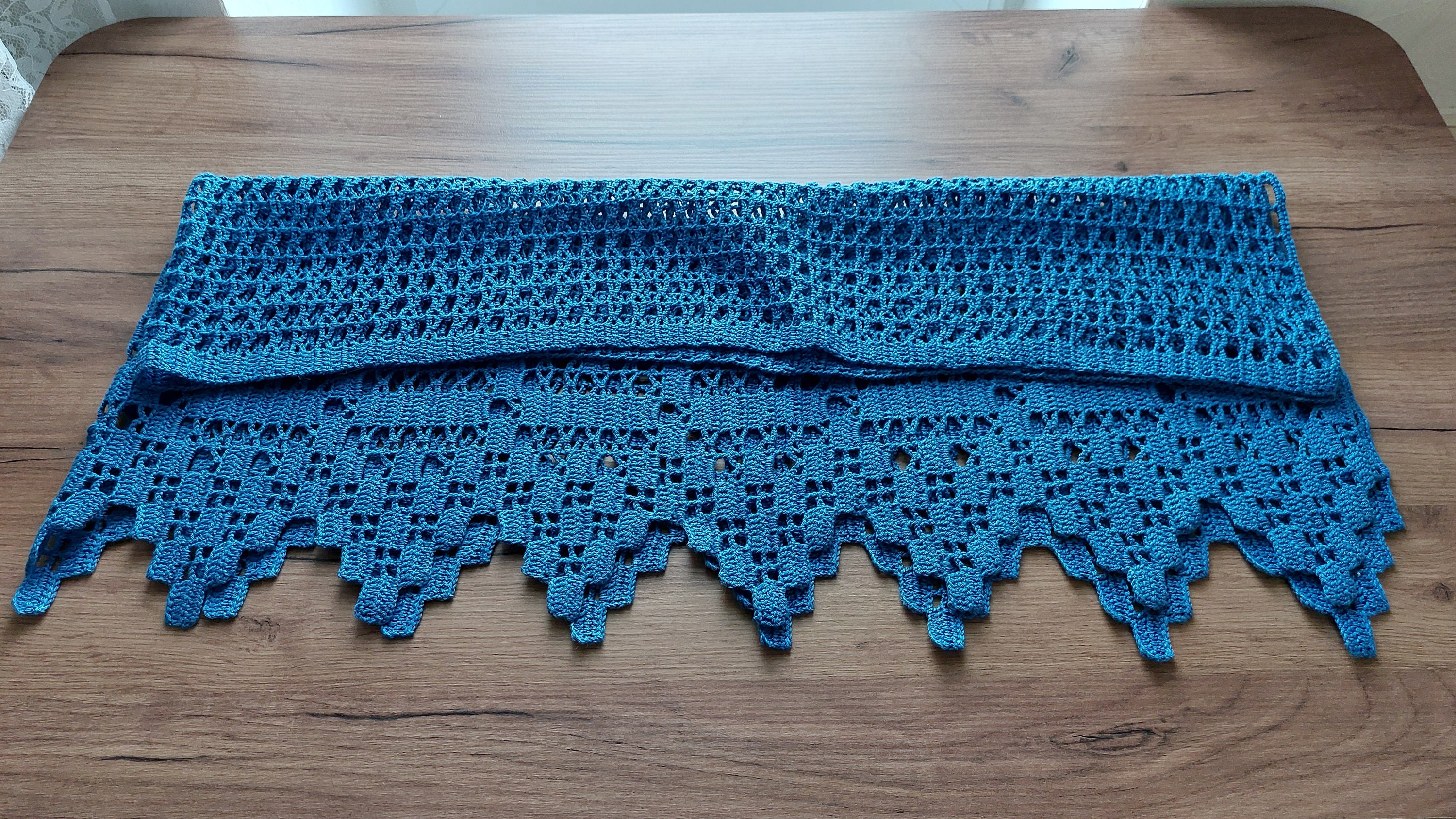 Vintage Handmade Crochet Valance Curtains, Blue Crochet Cafe Curtain ...