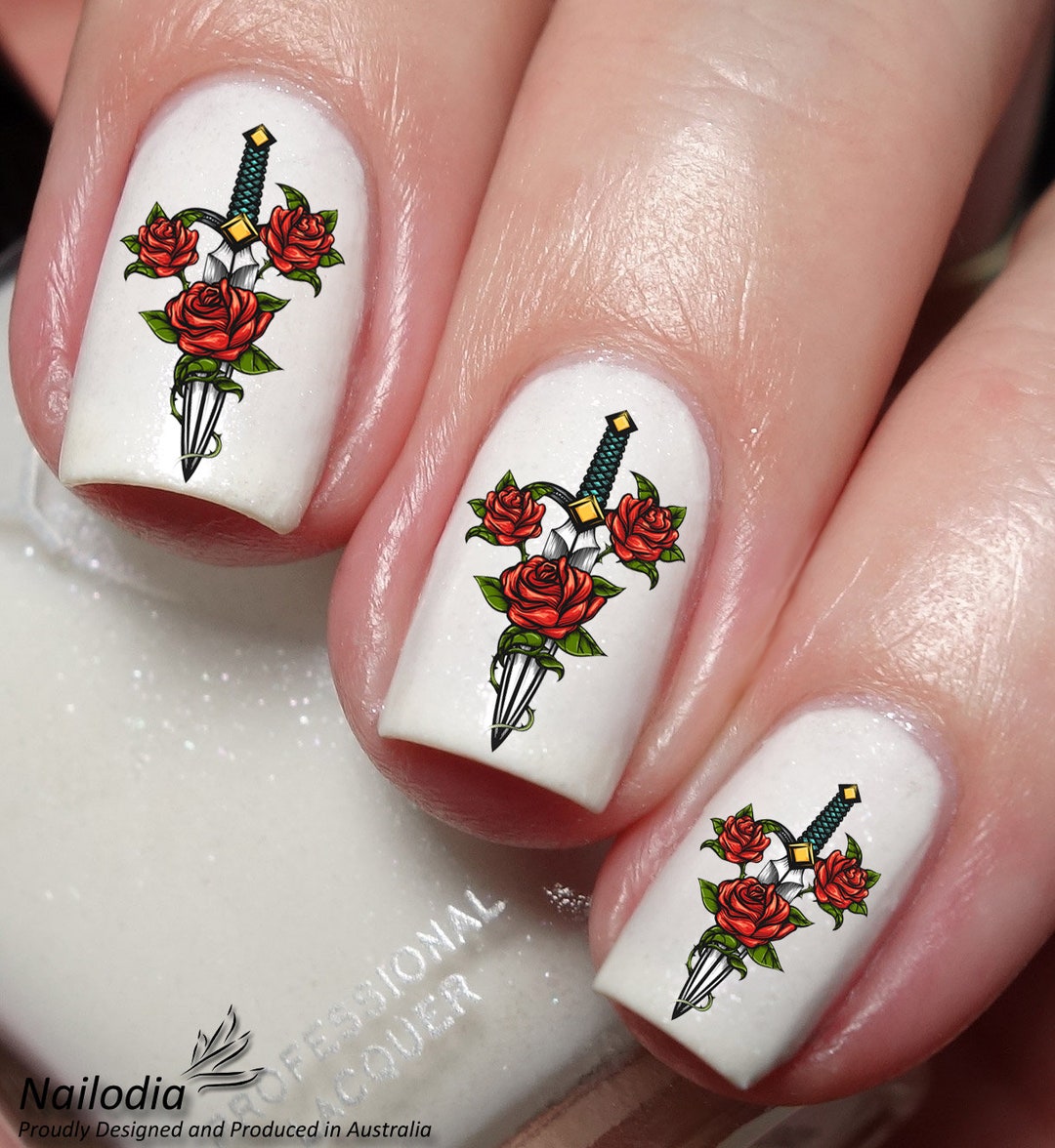 Dagger Knife Flower & Heart Nail Art Decal Sticker - Etsy
