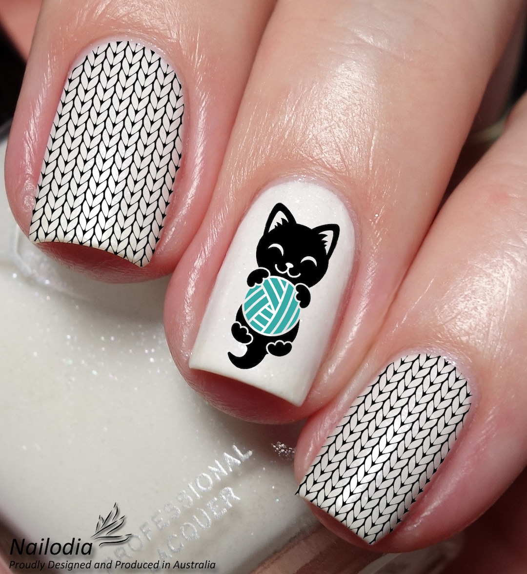 Knitting Cat & Wool Ball Nail Art Decal Sticker - Etsy