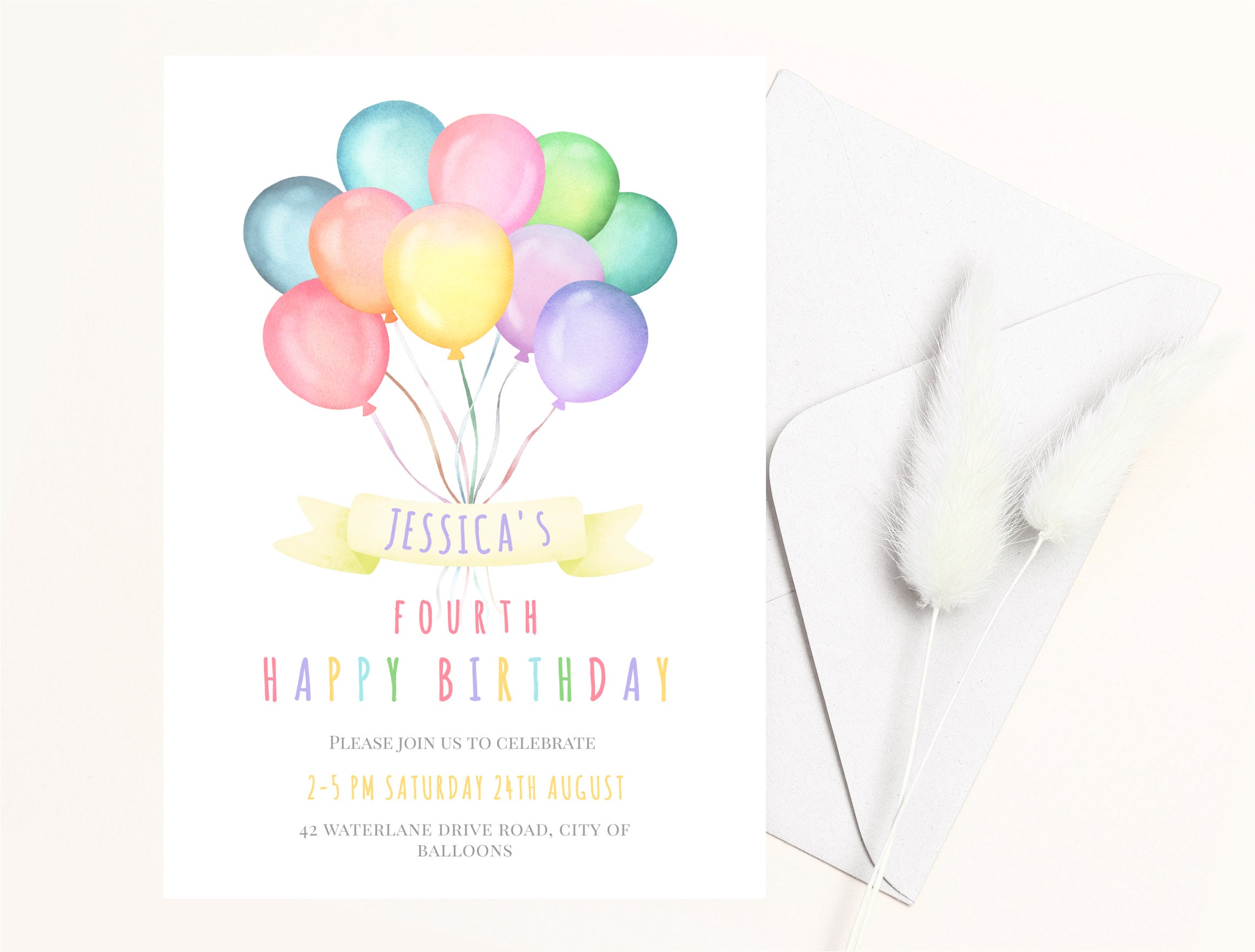 Balloon Kid Birthday Invitation Pastel Rainbow Watercolor - Etsy