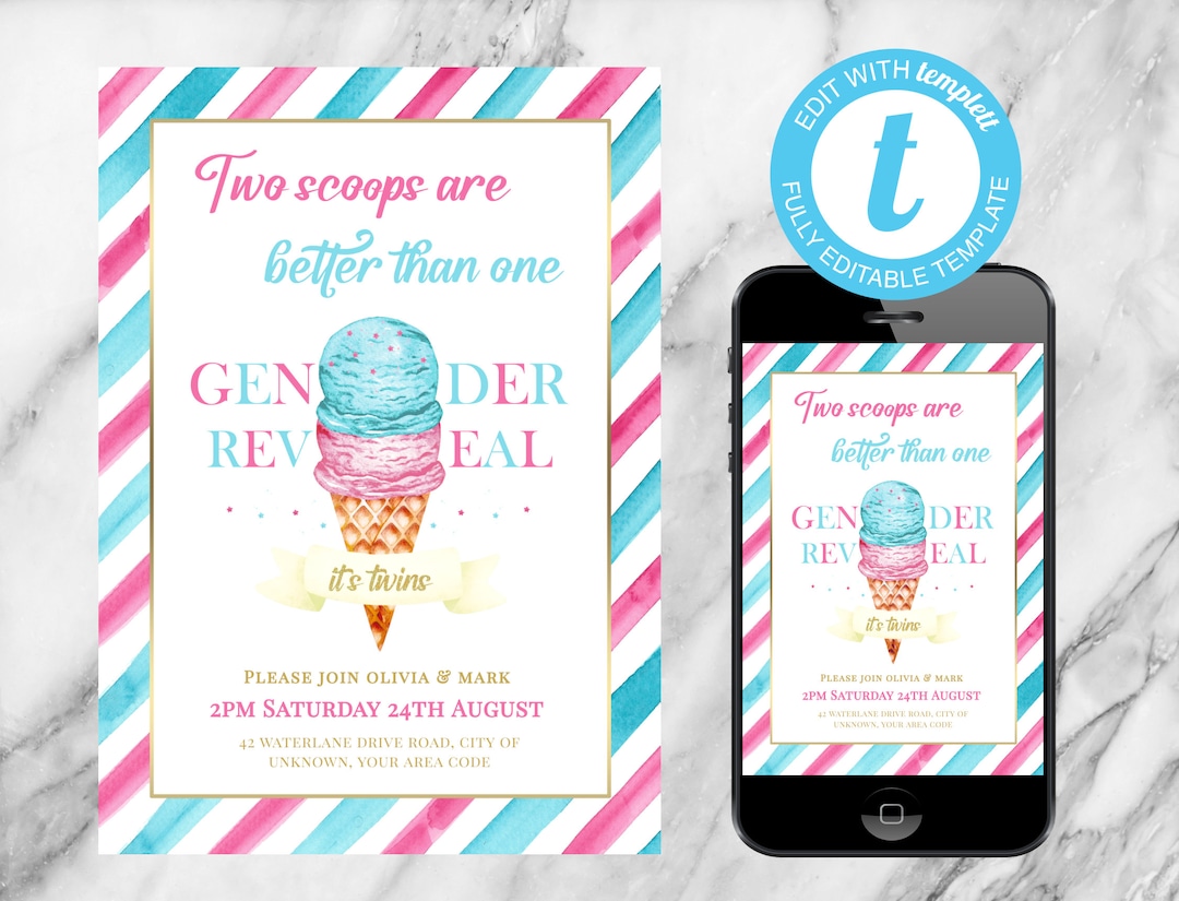 Ice Cream Gender Reveal Invitation: Twin Baby Shower (digital Template ...