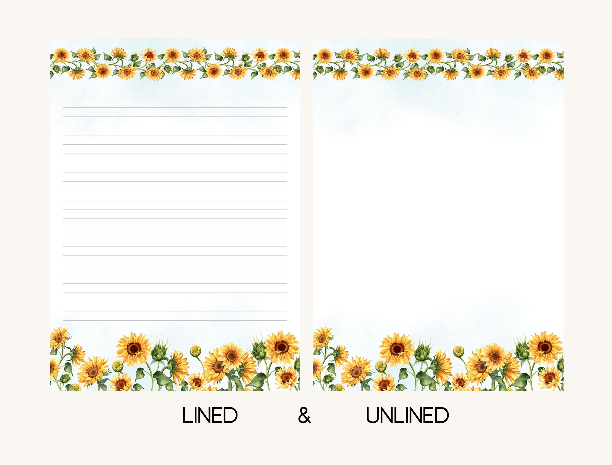 Printable A4 Watercolor Sunflower Writing Paper, Digital Instant ...
