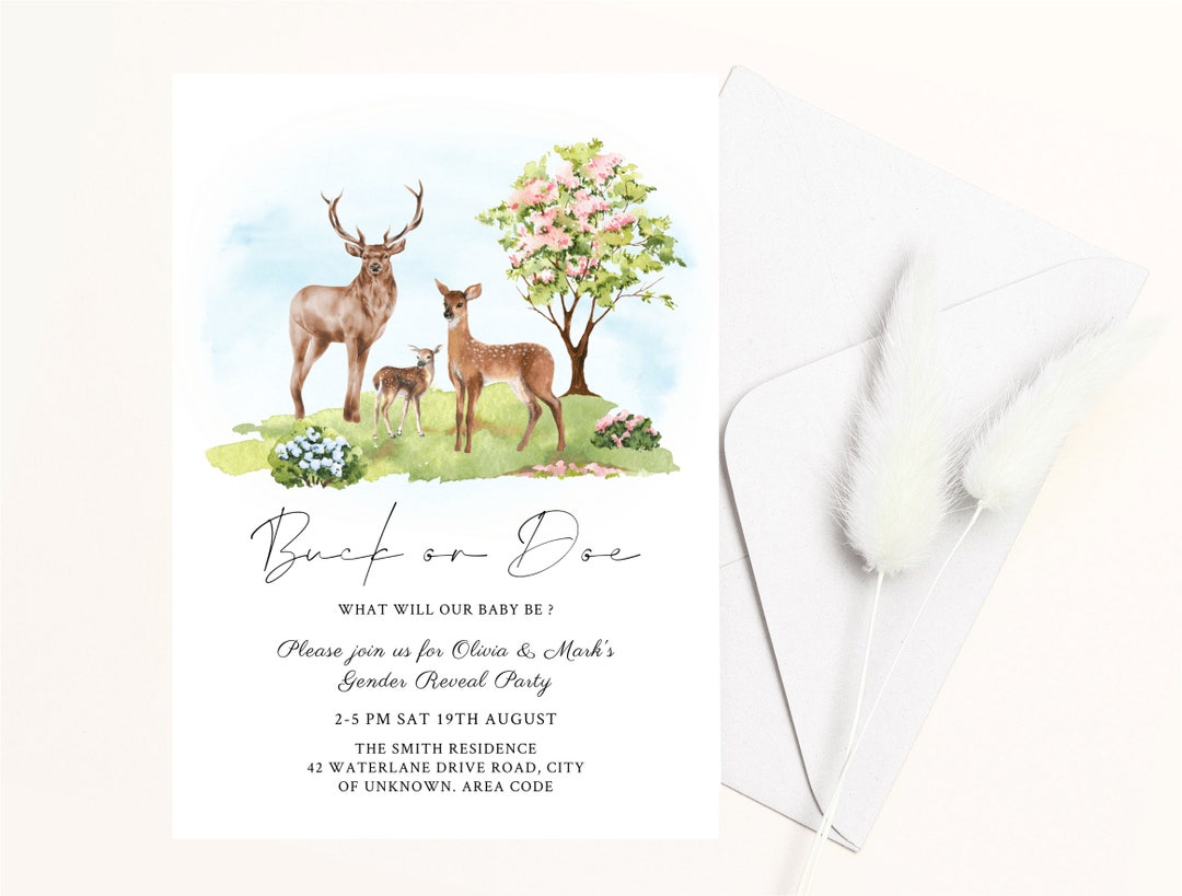 Buck or Doe Deer Gender Reveal Invite, Floral Spring and Summer Theme ...