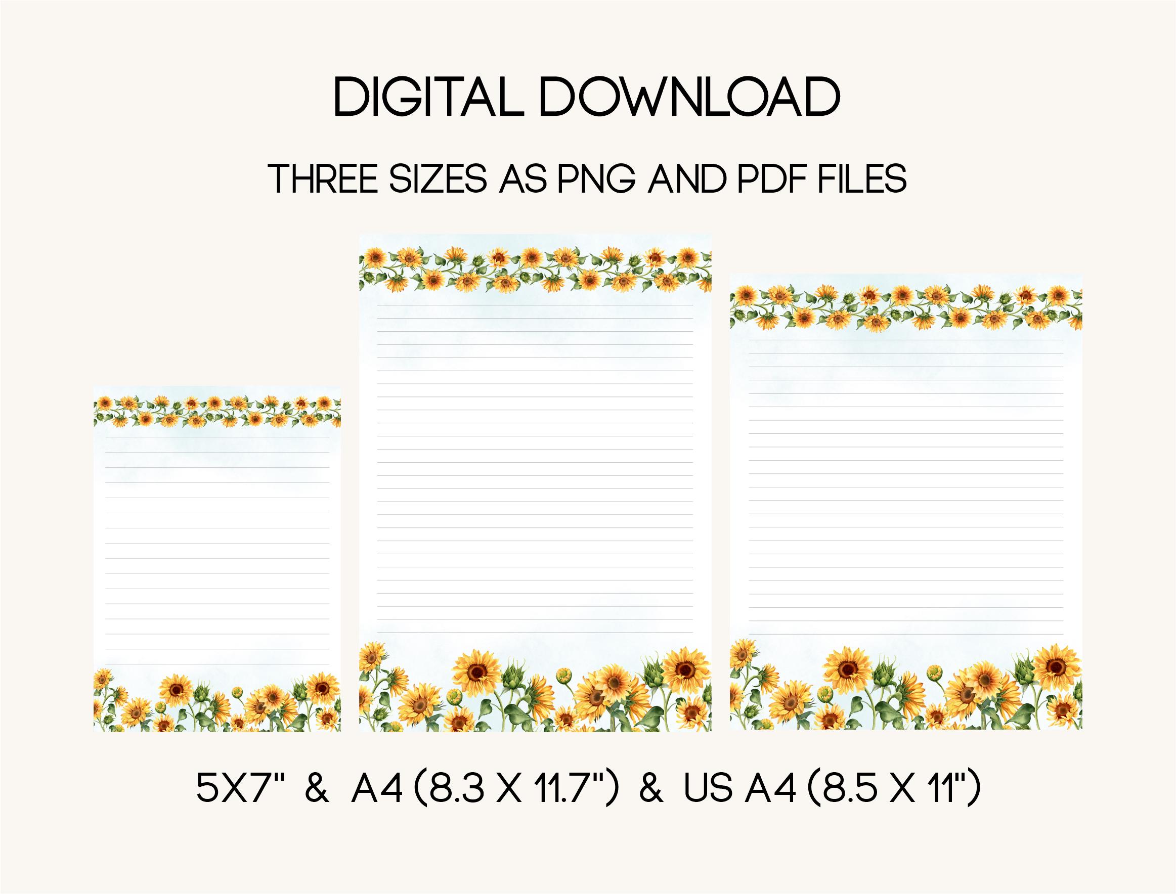 Printable A4 Watercolor Sunflower Writing Paper, Digital Instant ...