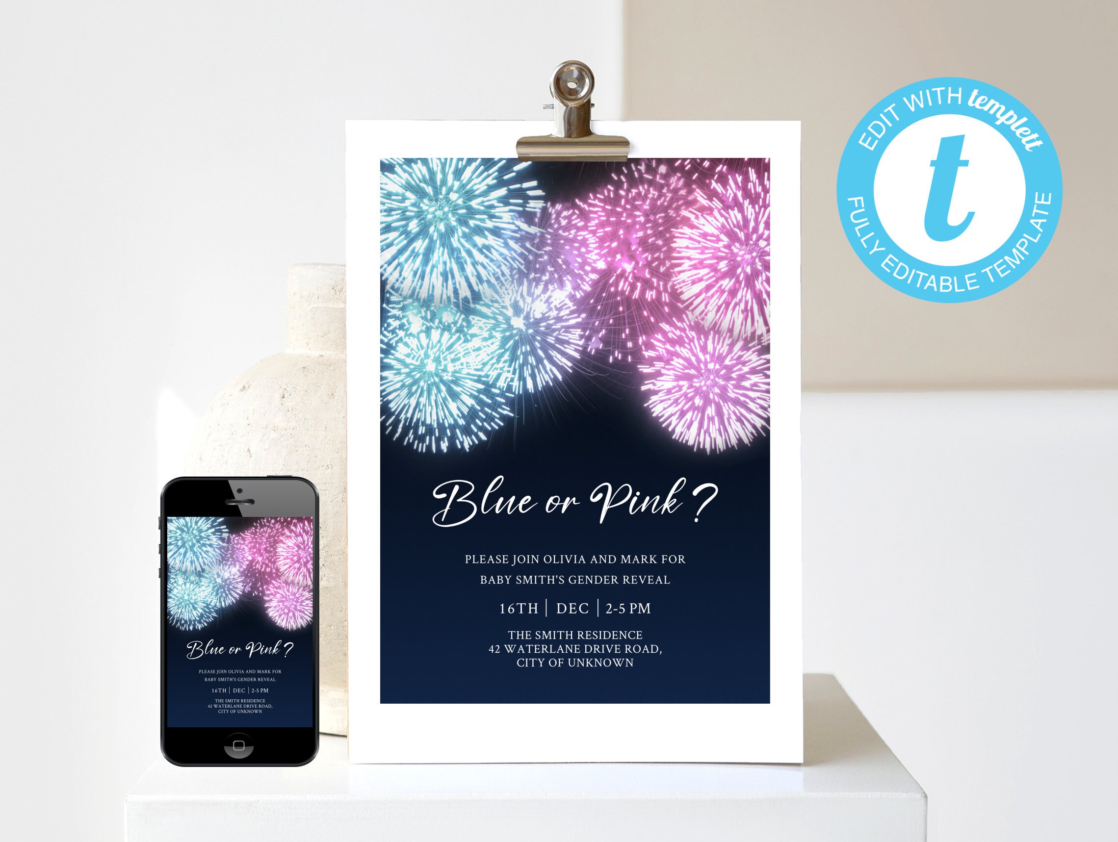 Firework Gender Reveal Invitation, Blue and Pink Firecracker Invite ...