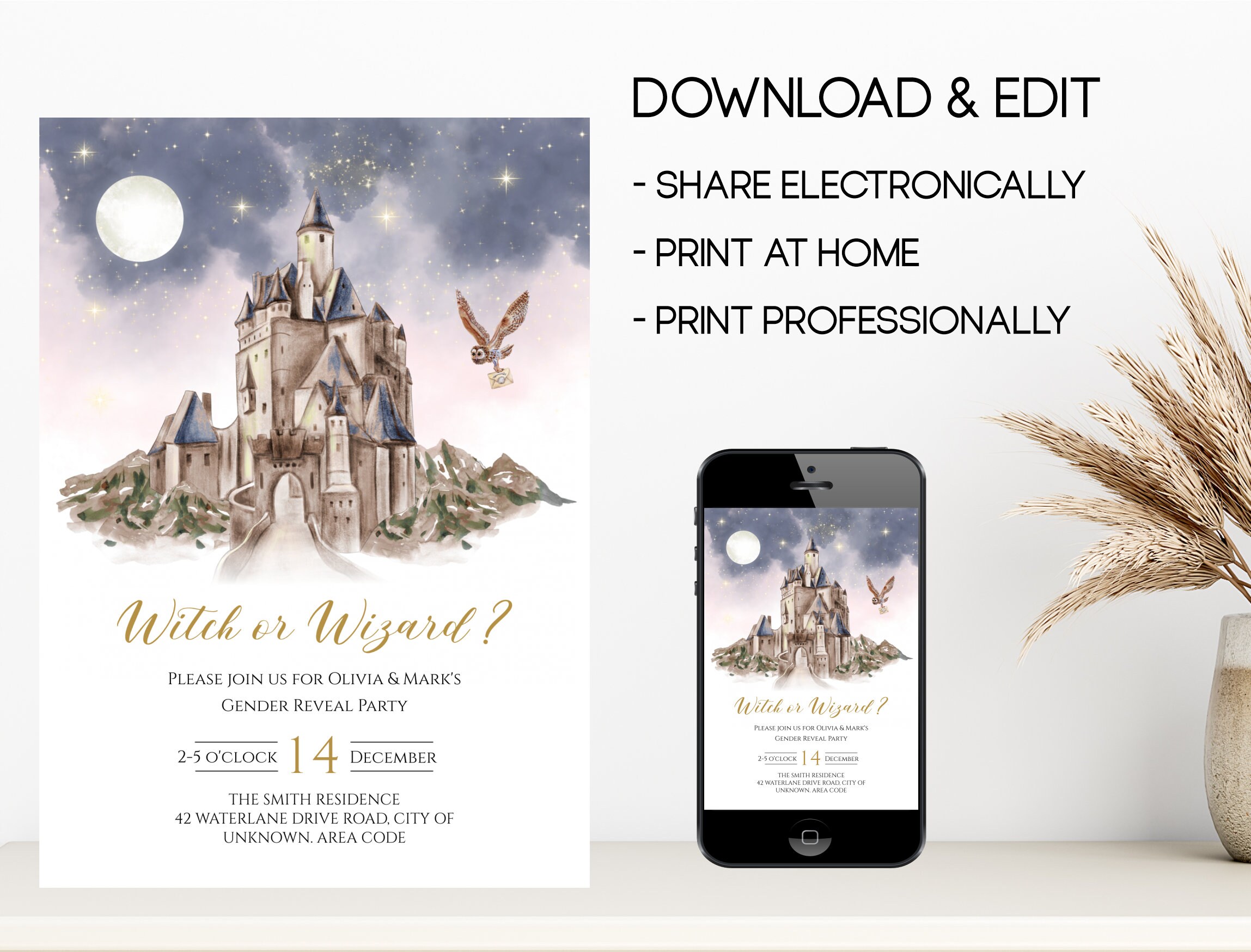 Witch or Wizard Gender Reveal Invitation Magic School Castle - Etsy