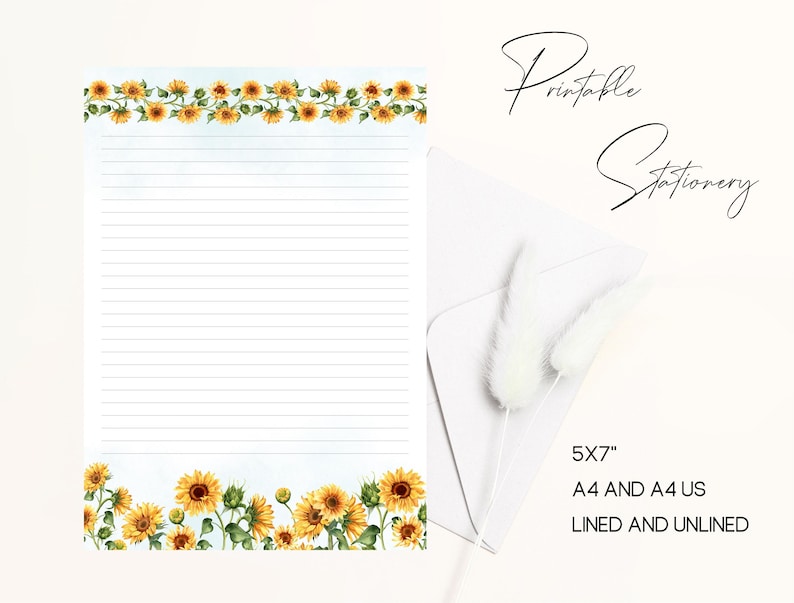 Printable A4 Watercolor Sunflower Writing Paper, Digital Instant ...