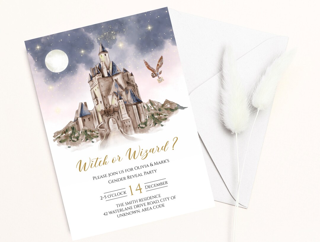 Witch or Wizard Gender Reveal Invitation, Magic School Castle Invite ...