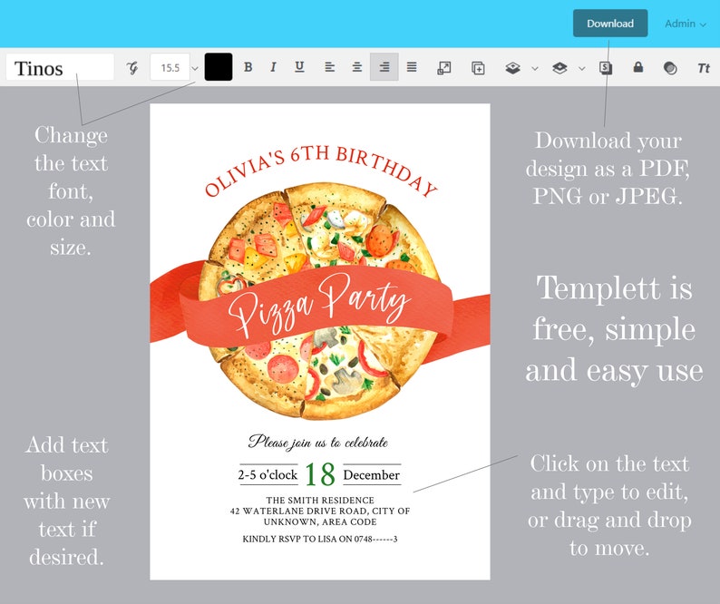 Pizza Party Kids Birthday Invitation, Pizzeria Birthday Invite, Digital ...