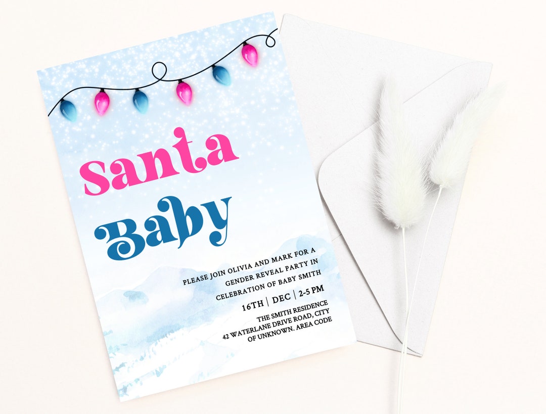 Santa Baby Gender Reveal Invitation: Winter Christmas Lights (digital ...