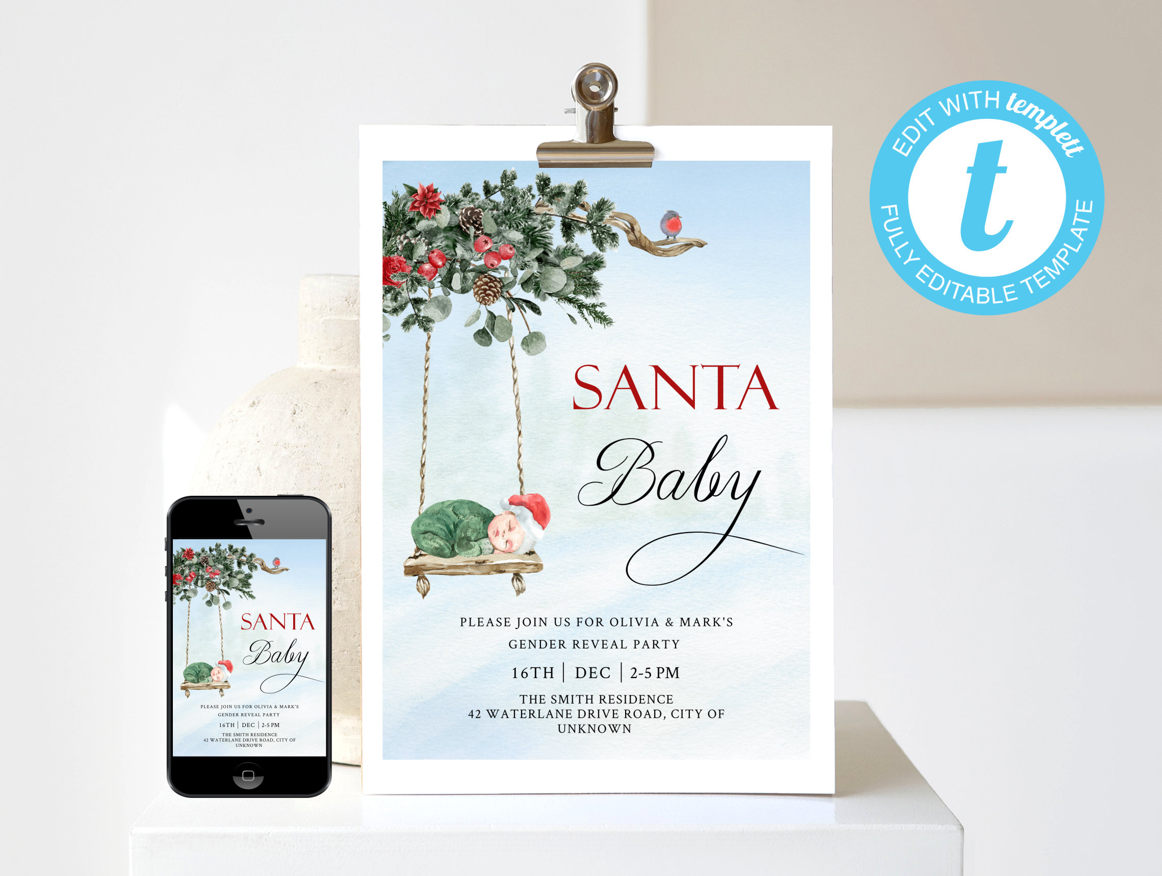 Santa Baby Gender Reveal Invitation: Christmas Winter Party (digital ...