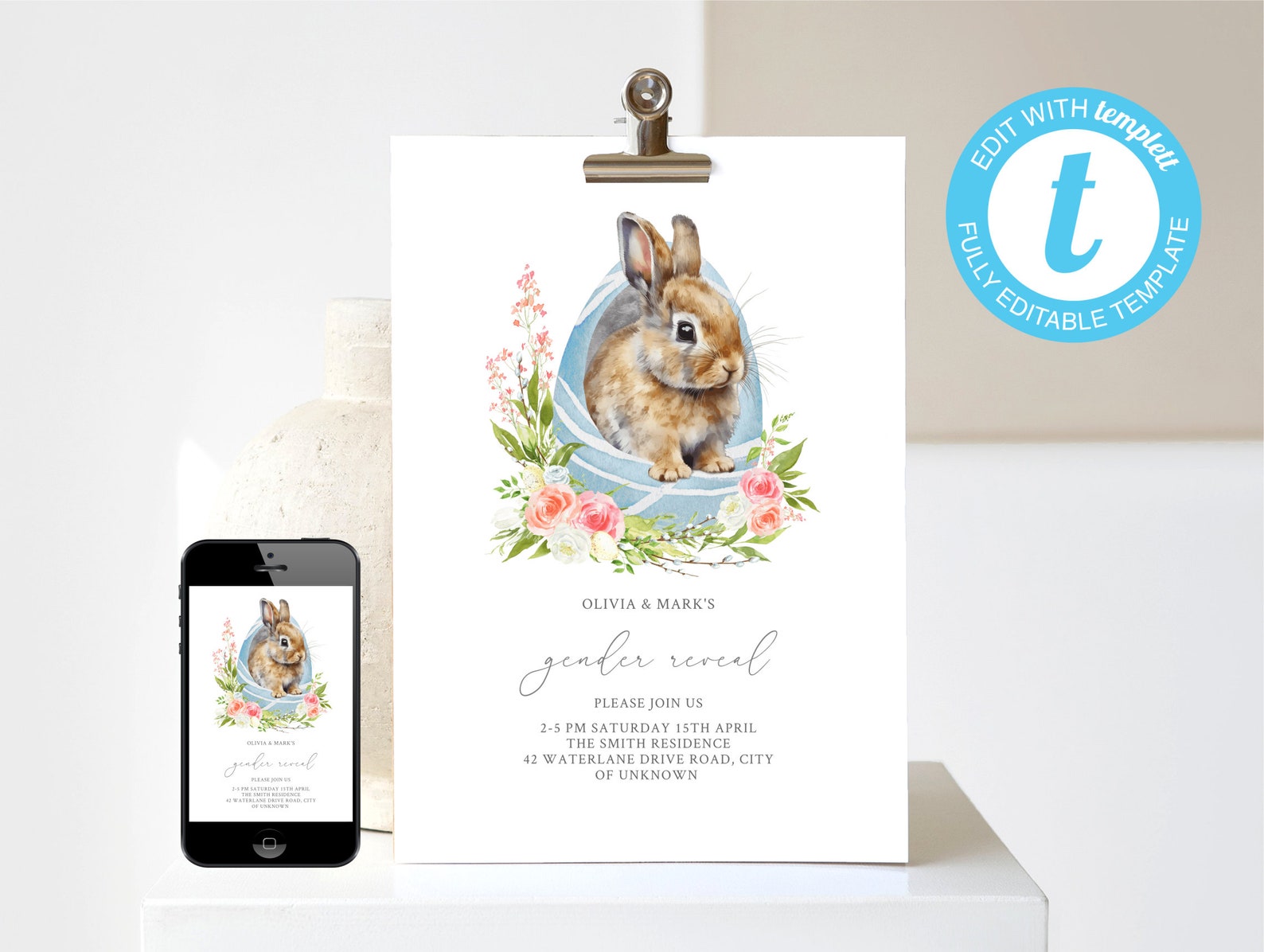 Bunny Rabbit Gender Reveal Invitation: Watercolor Easter Spring ...