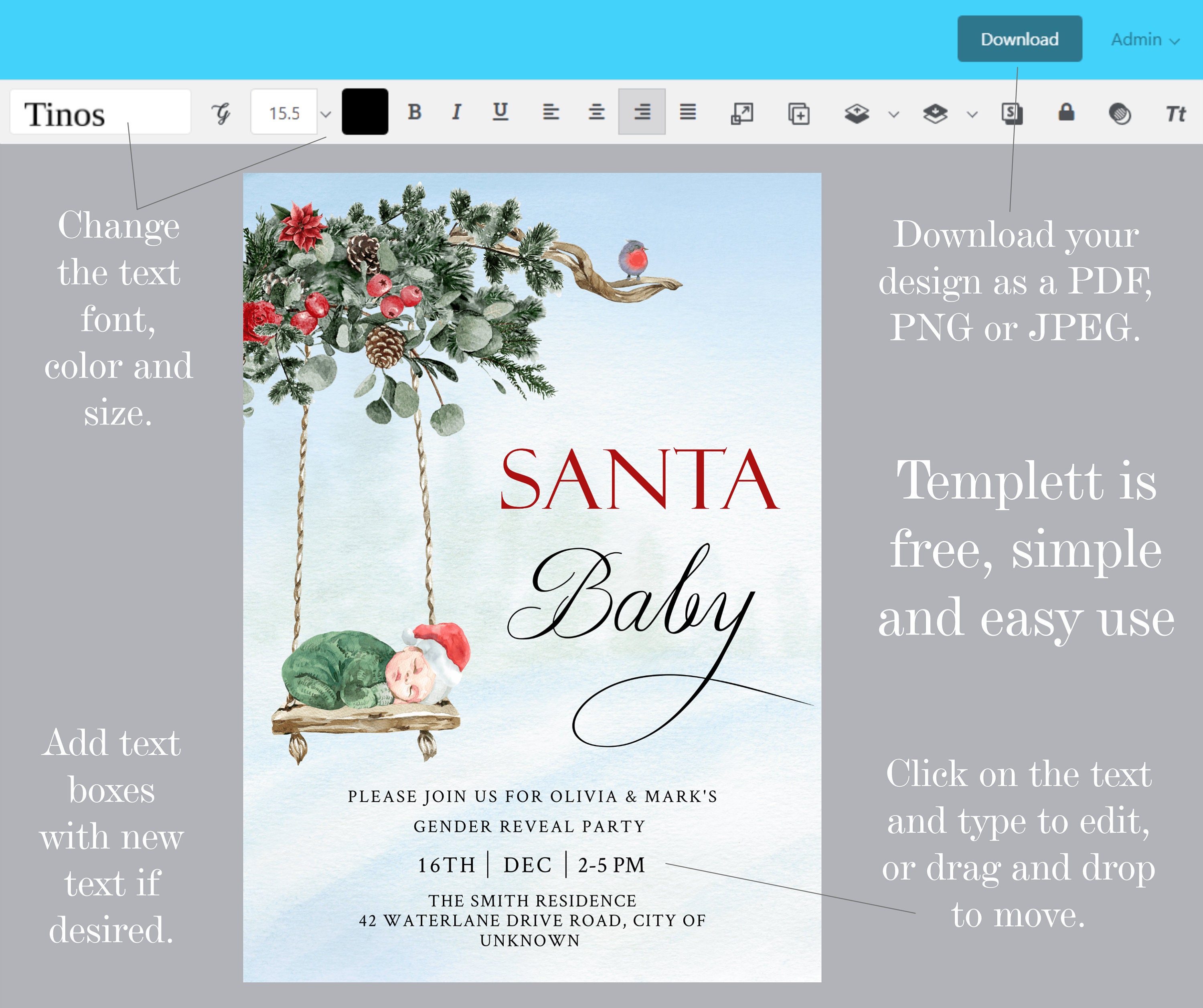Santa Baby Gender Reveal Invitation: Christmas Winter Party (digital ...