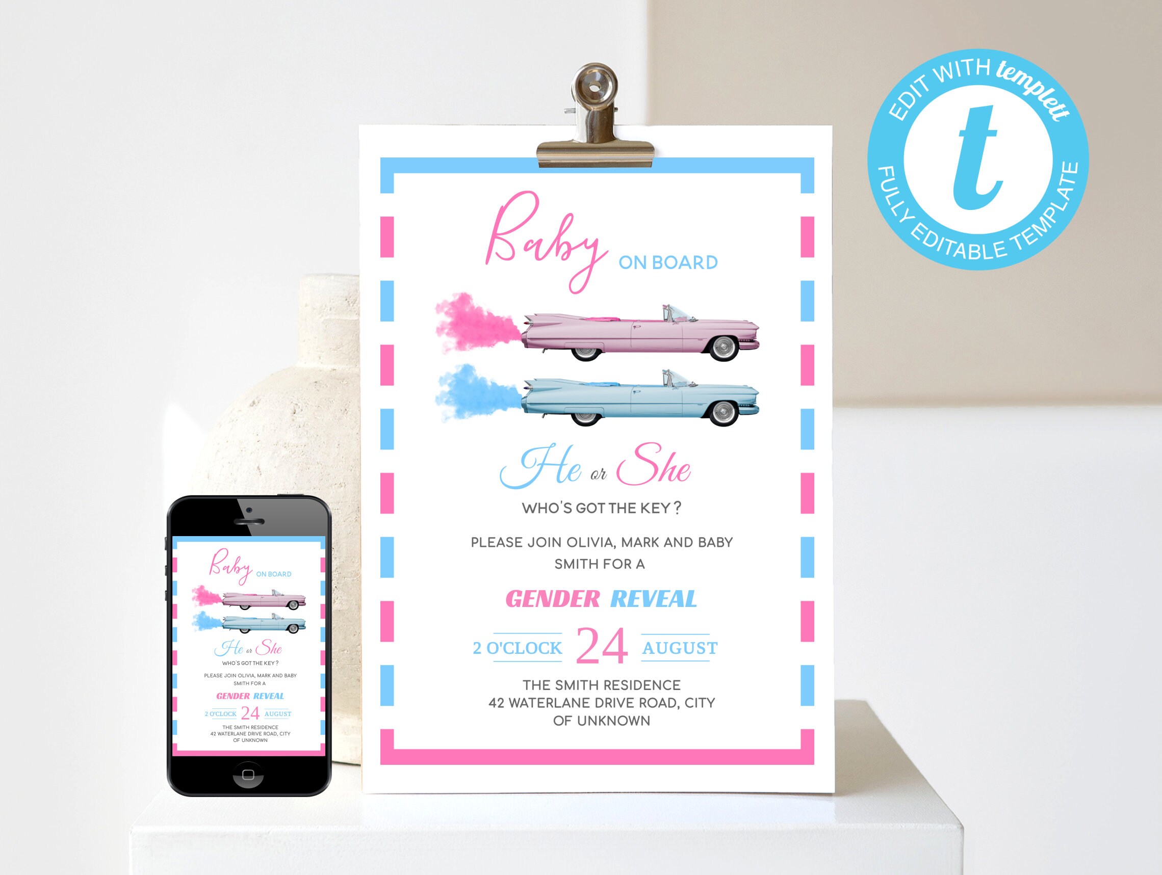 Car Gender Reveal Invitation, Baby Reveal Invite, Smoke Burnout Gender ...