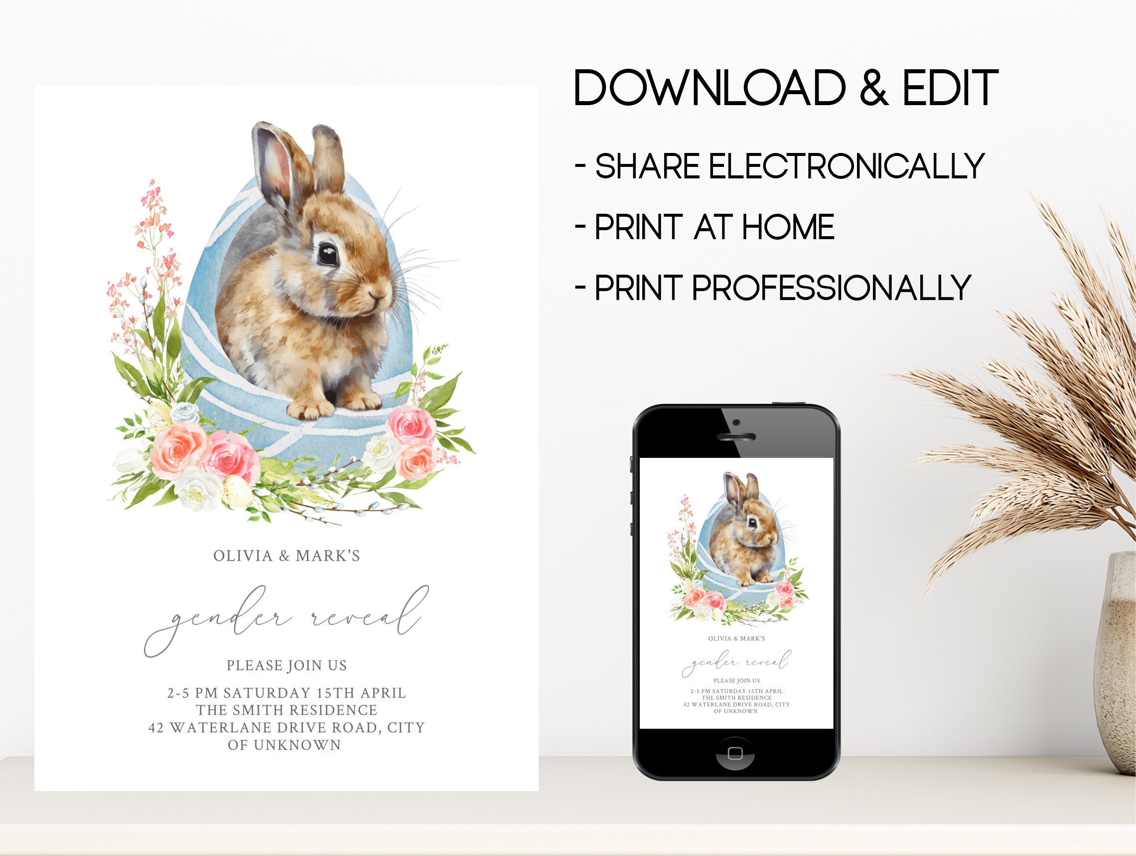 Bunny Rabbit Gender Reveal Invitation: Watercolor Easter Spring ...