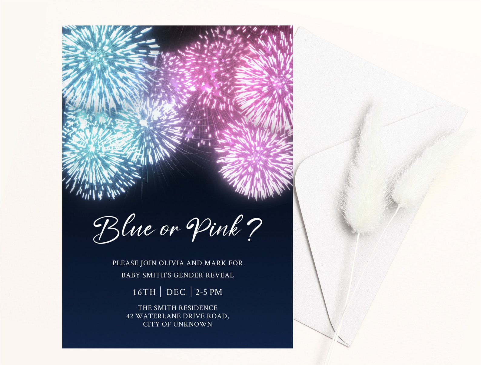 Firework Gender Reveal Invitation Blue and Pink Firecracker - Etsy