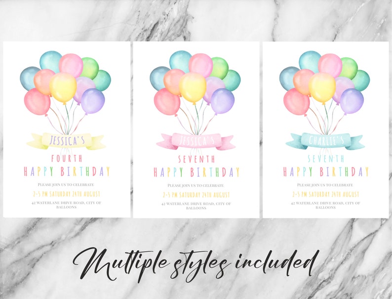 Invitación de cumpleaños con globos arcoíris de acuarela (invitación ...