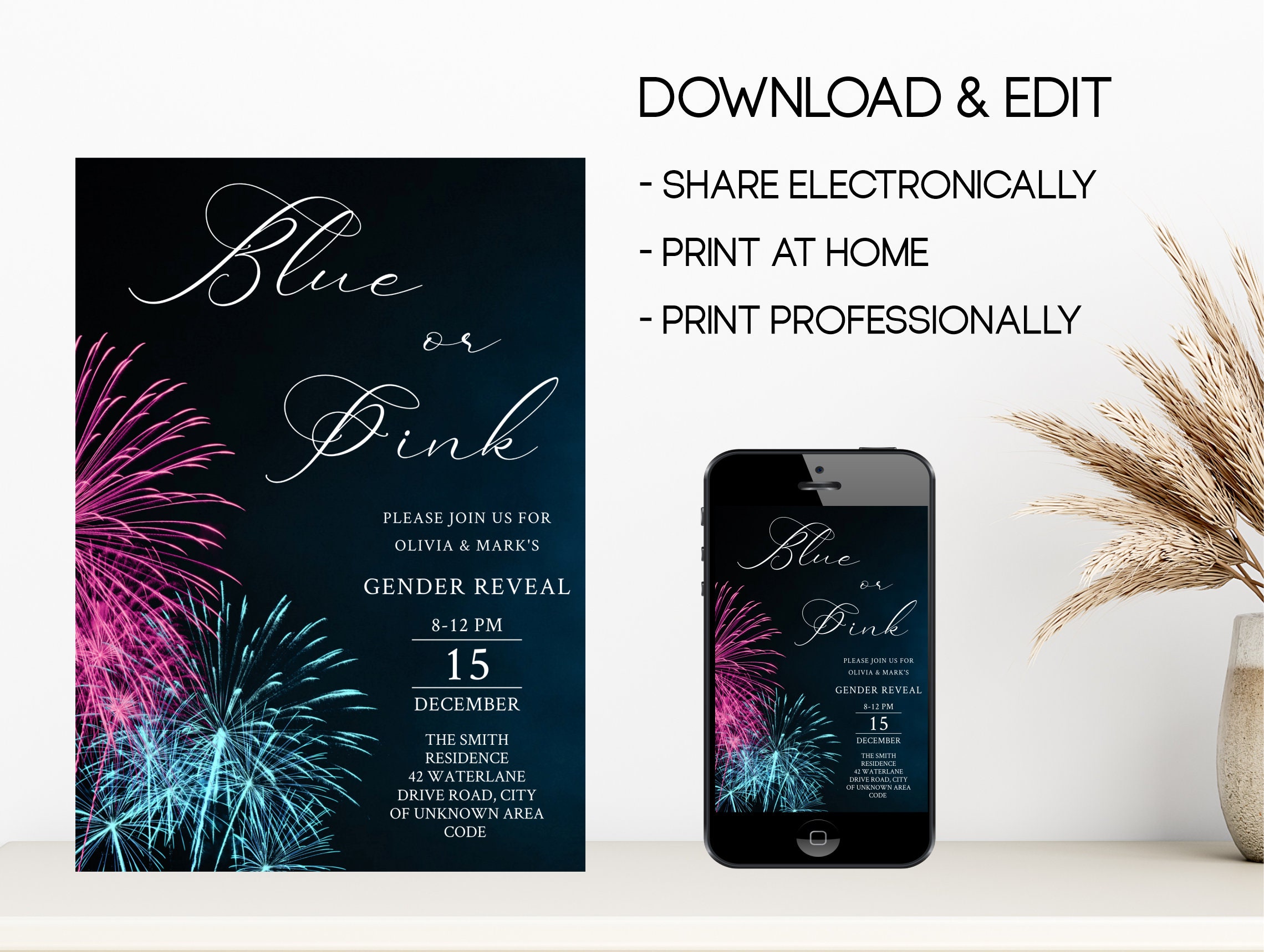 Firework Gender Reveal Invitation: Editable Firecracker Design (digital ...