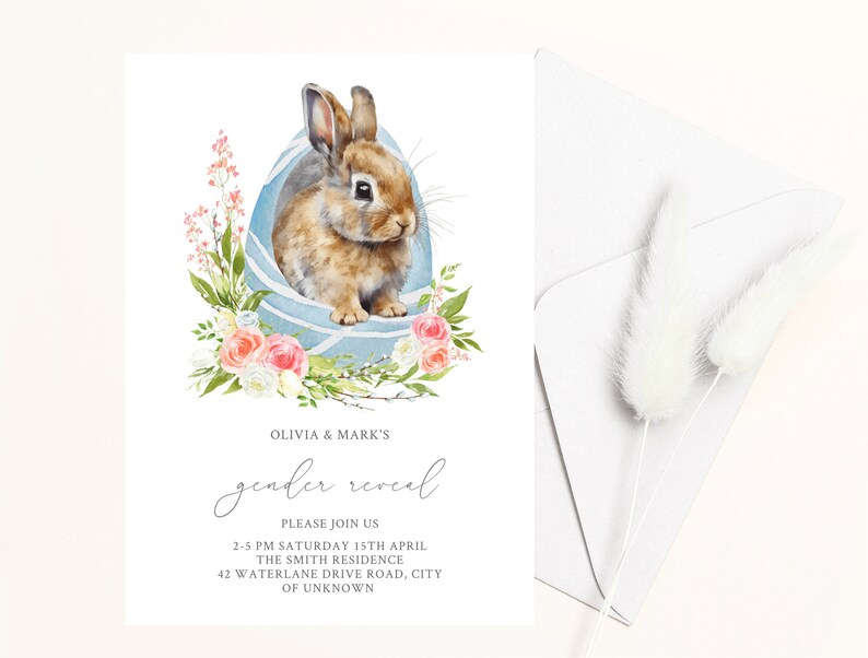 Bunny Rabbit Gender Reveal Invitation: Watercolor Easter Spring ...