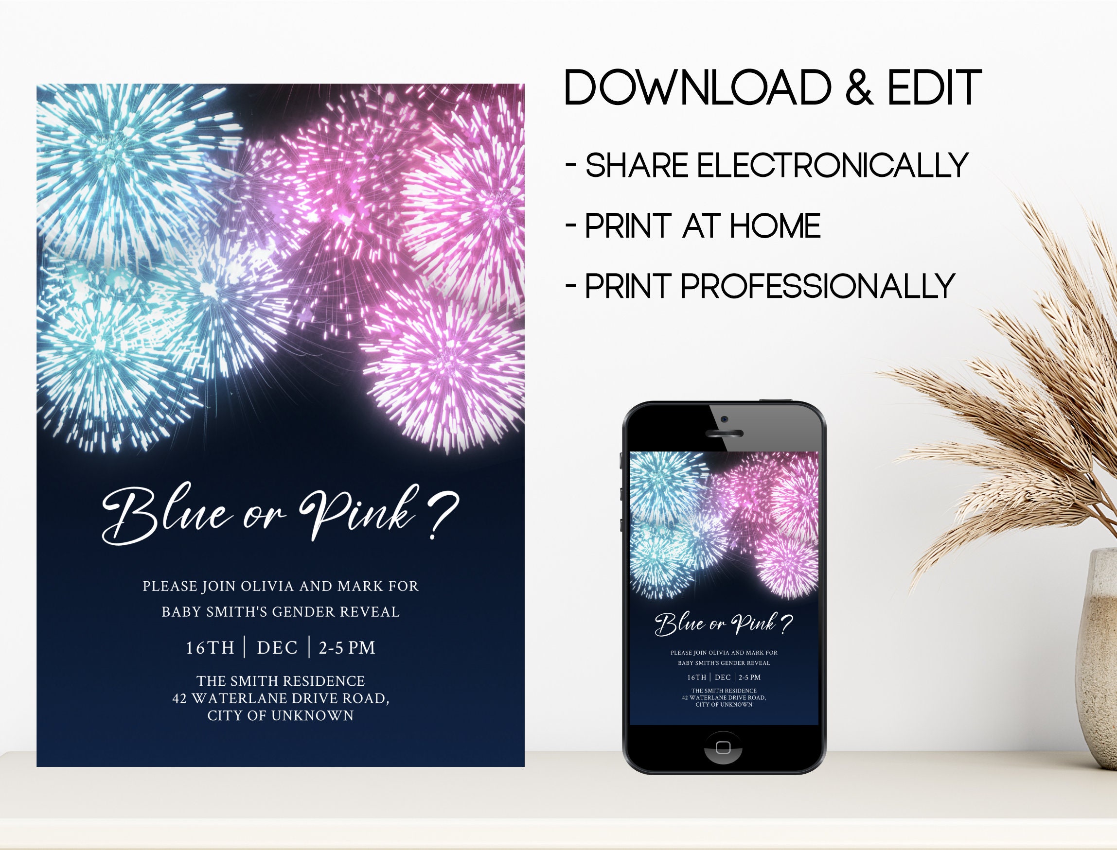 Firework Gender Reveal Invitation, Blue and Pink Firecracker Invite ...