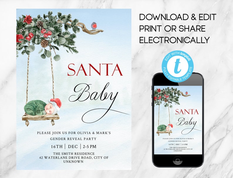 Santa Baby Gender Reveal Invitation, Christmas Baby Shower Invite ...