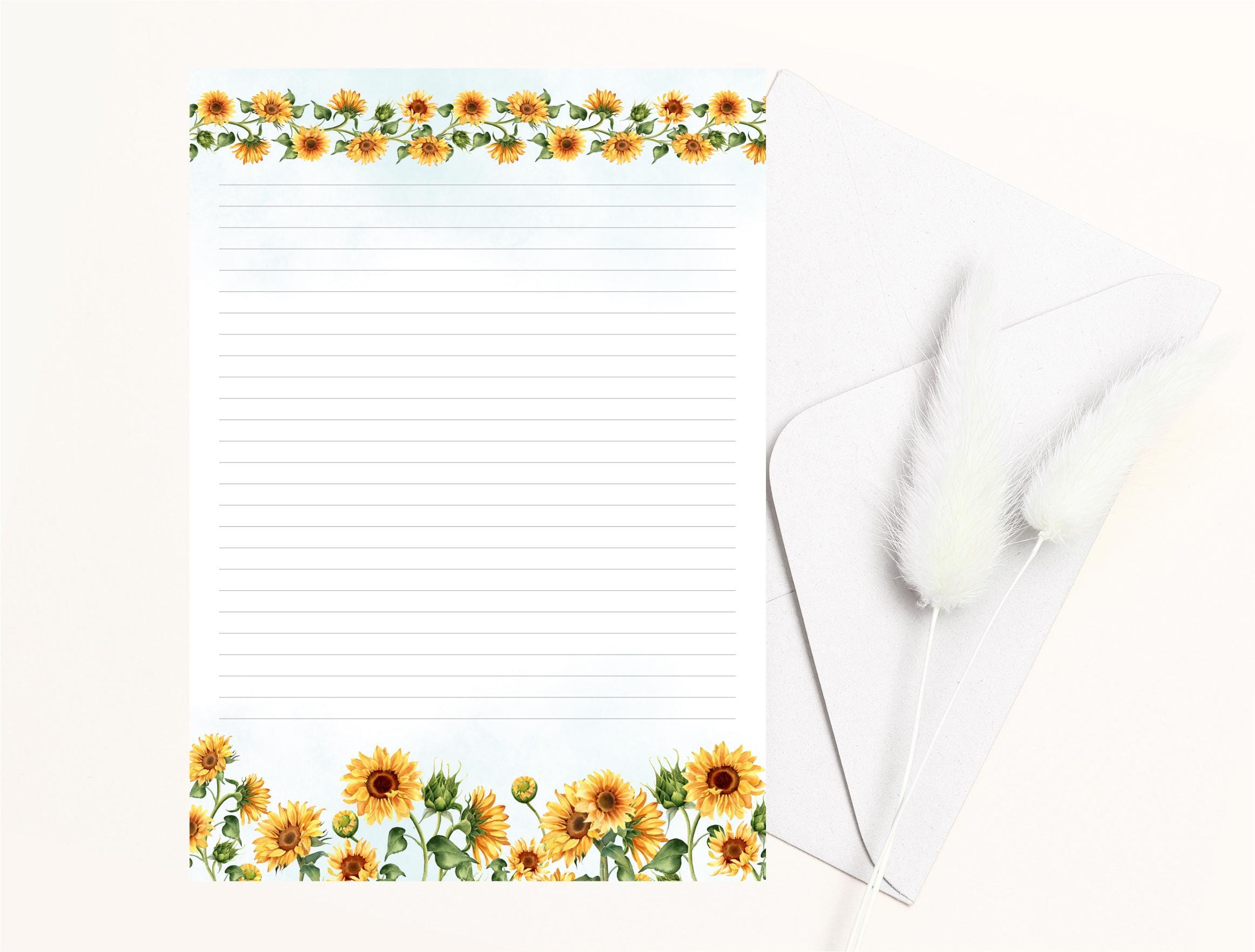 Printable A4 Watercolor Sunflower Writing Paper, Digital Instant Download, Sunflower Stationery ...