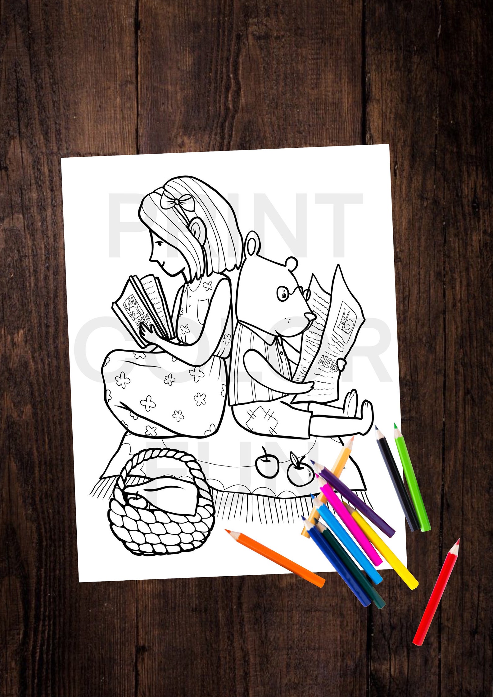 Bear & Book Instant Download Coloring Page, Teddy Bear Coloring Page as ...