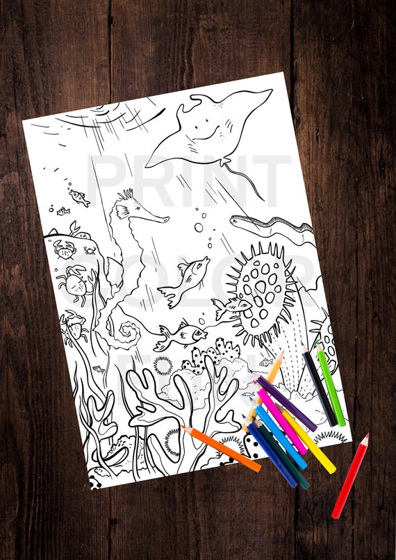 Sea World Coloring Page A4 With Seahorse & Stingray Instant - Etsy UK