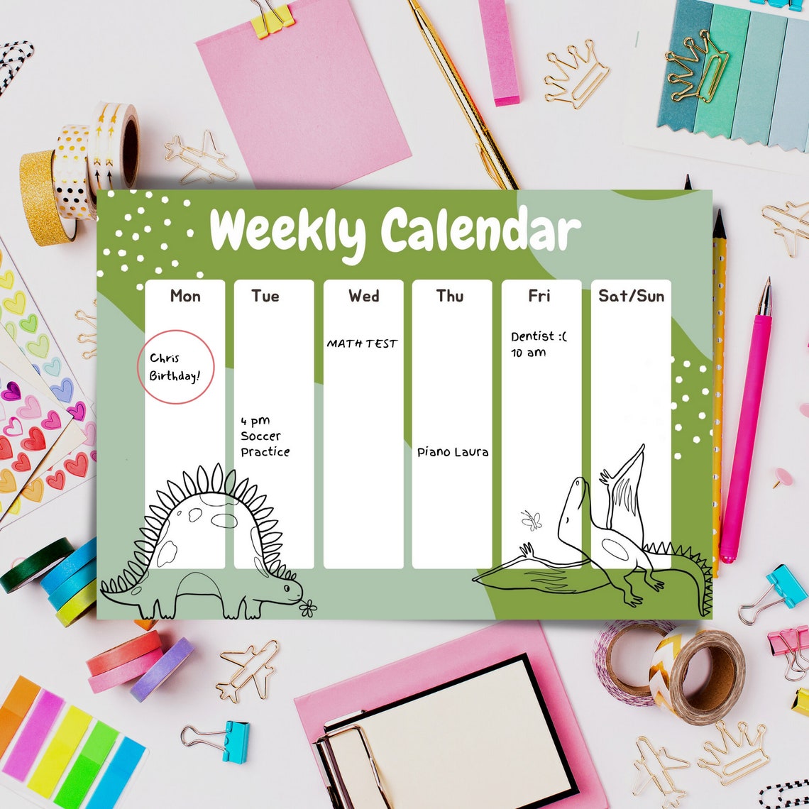 Printable Weekly Planner Dinosaur Cute Weekly Planner for Kids A4 ...