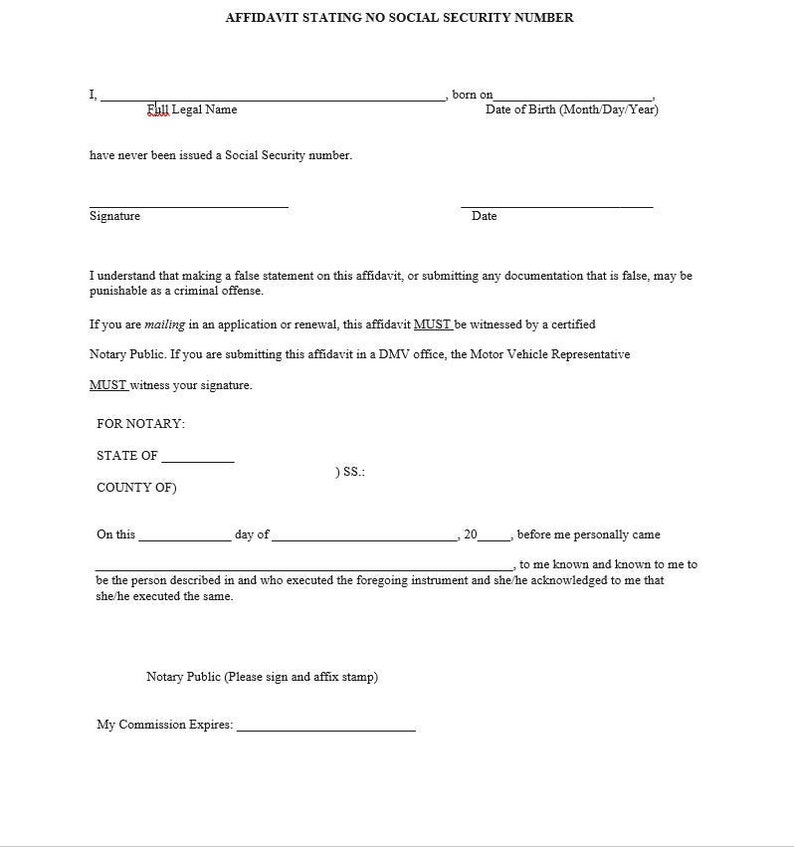 Affidavit Stating No Social Security Number - Etsy
