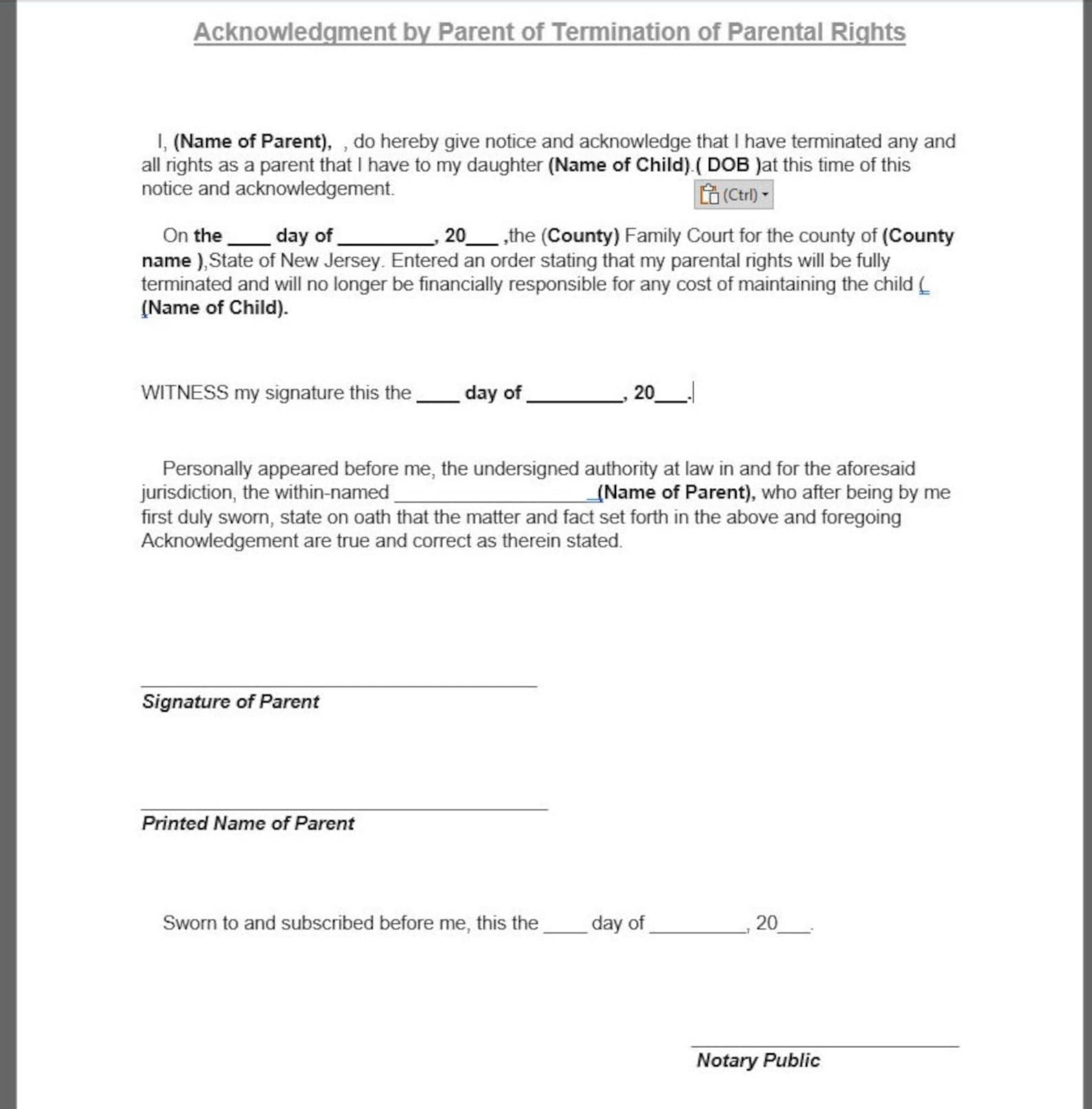 Acknowledgment by Parent of Termination of Parental Rights - Etsy