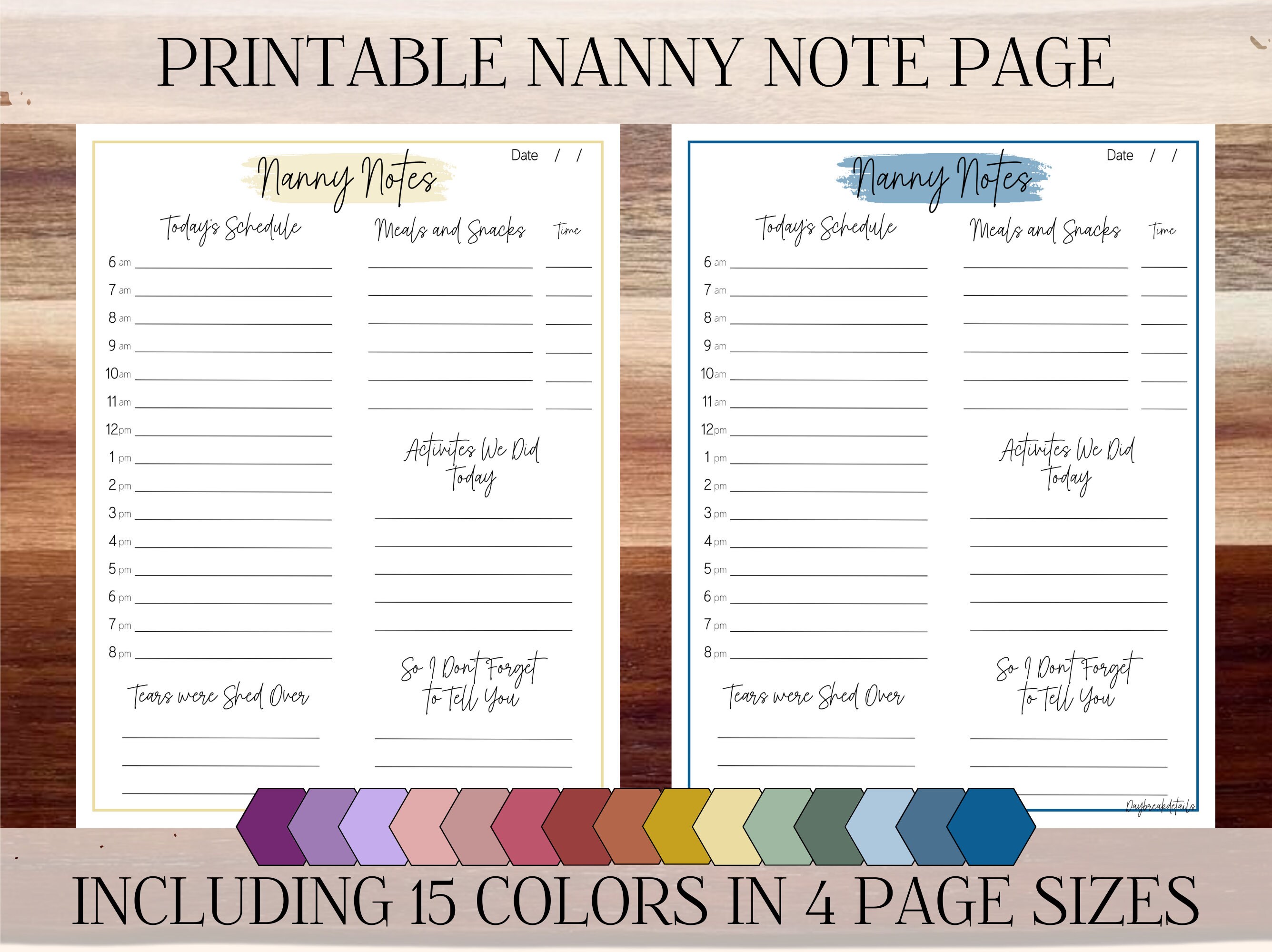 Printable Nanny Notes Instant Download 15 Color Options Included - Etsy
