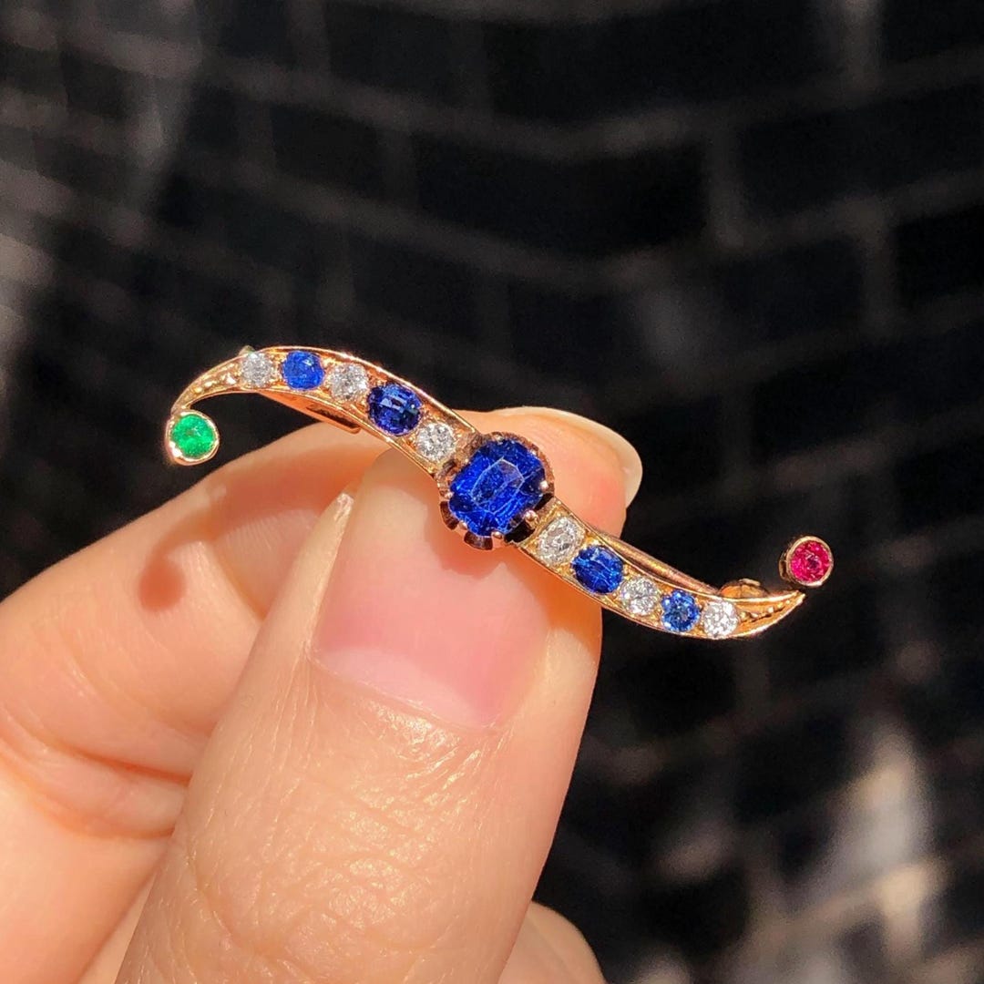 Victorian 14k Gold Curve Brooch Pin Sapphire Old Mind Cut Diamond Ruby ...