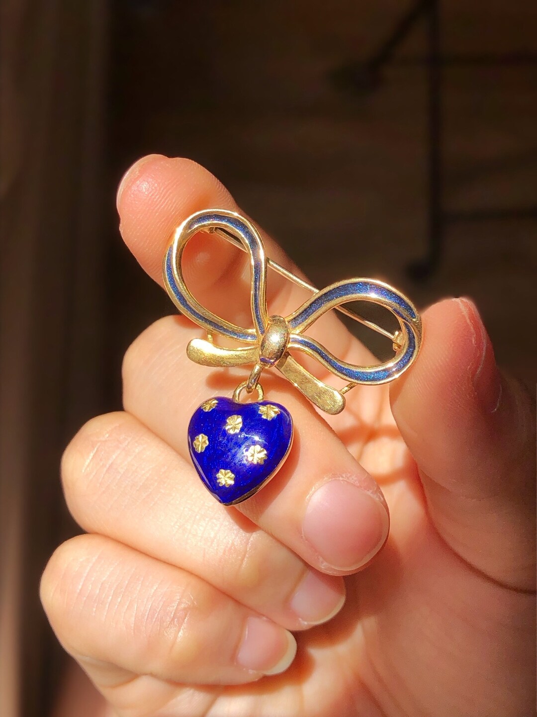 Antique 18k Gold Enamel Brooch Ribbon Bow Knot Heart Pendant - Etsy