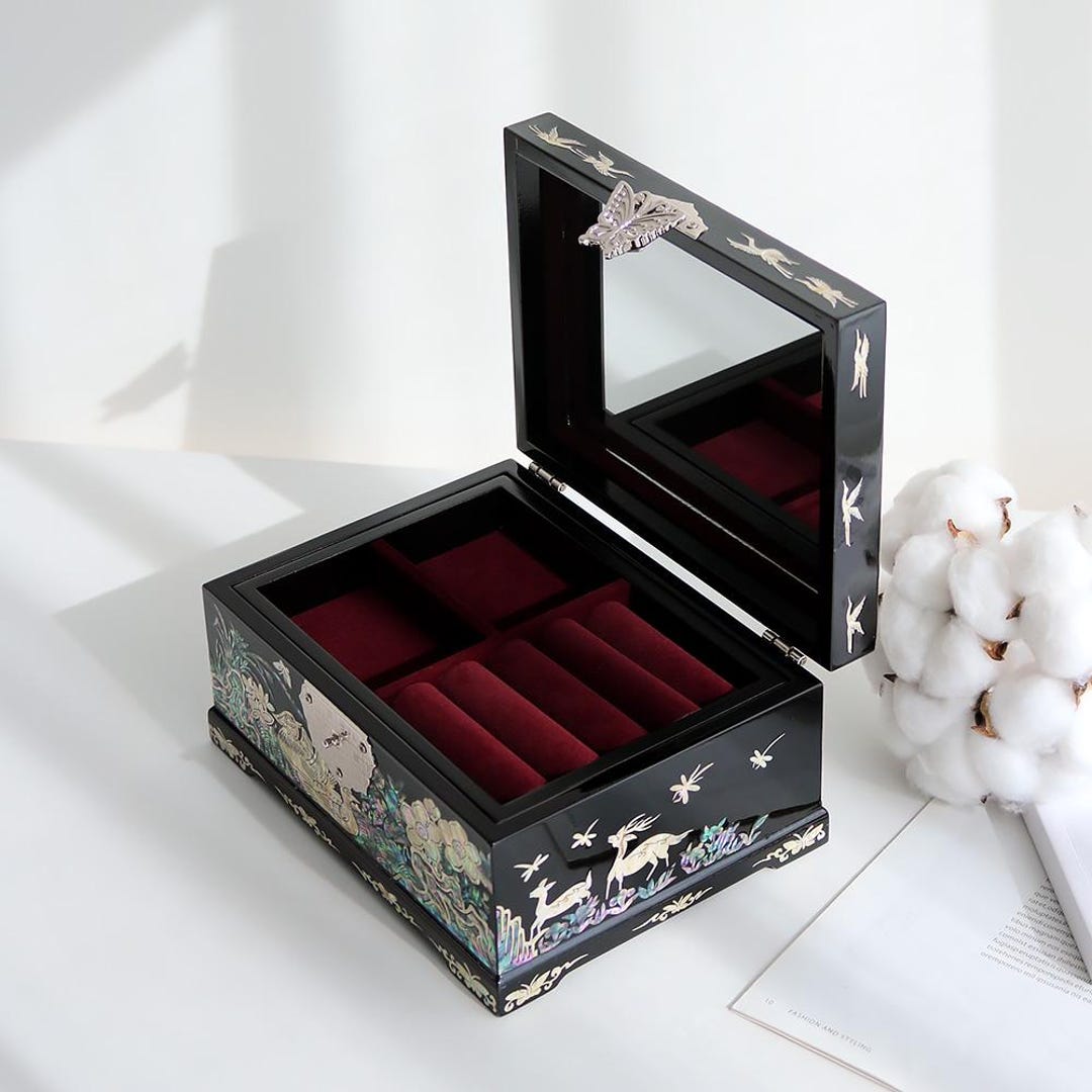 Korean Mother of Pearl Jewelry Box, Crane Moon Najeonchilgi Lacquerware ...