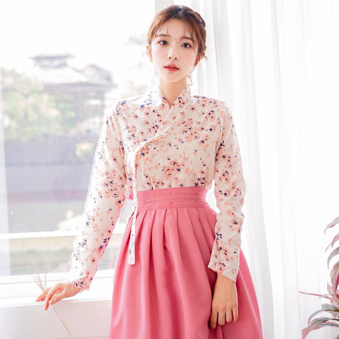 Rose Hanbok Set | Floral Print Jeogori & Soft Rose Wrap Skirt | K ...