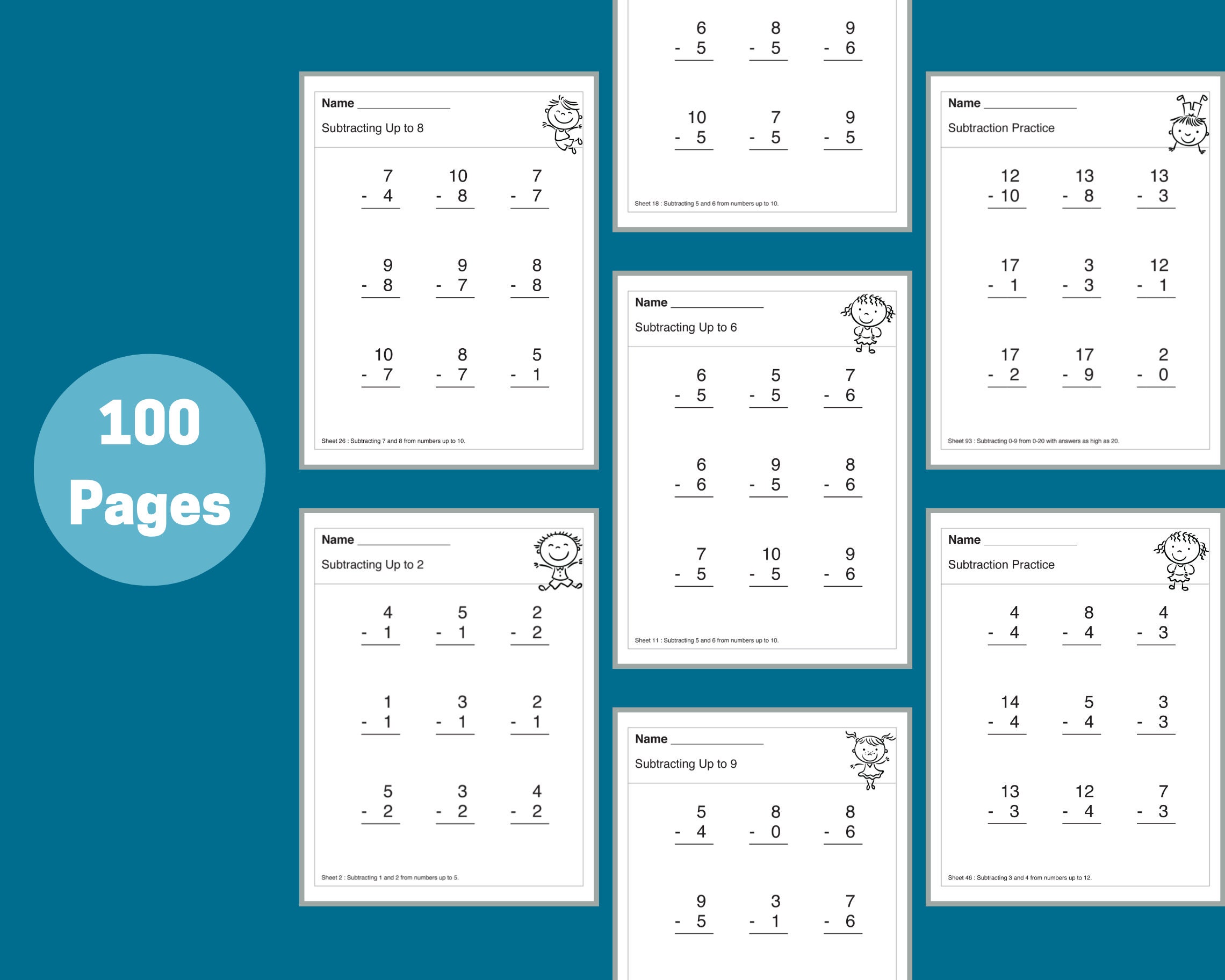 100 Subtraction Worksheets: 0-9 Facts - Etsy