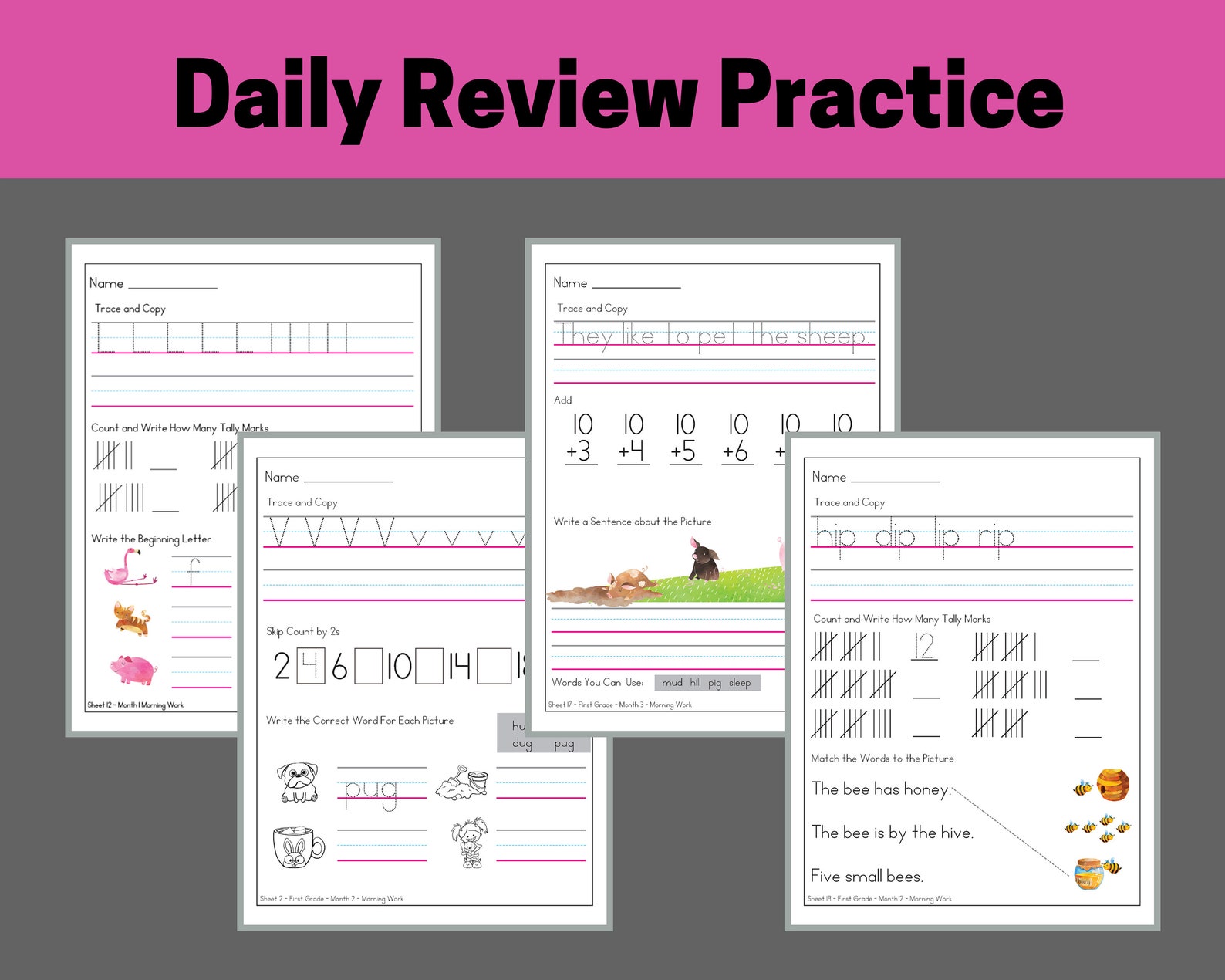 First Grade Morning Work Review Pages Month 1, 2 & 3 Daily Practice Fun ...