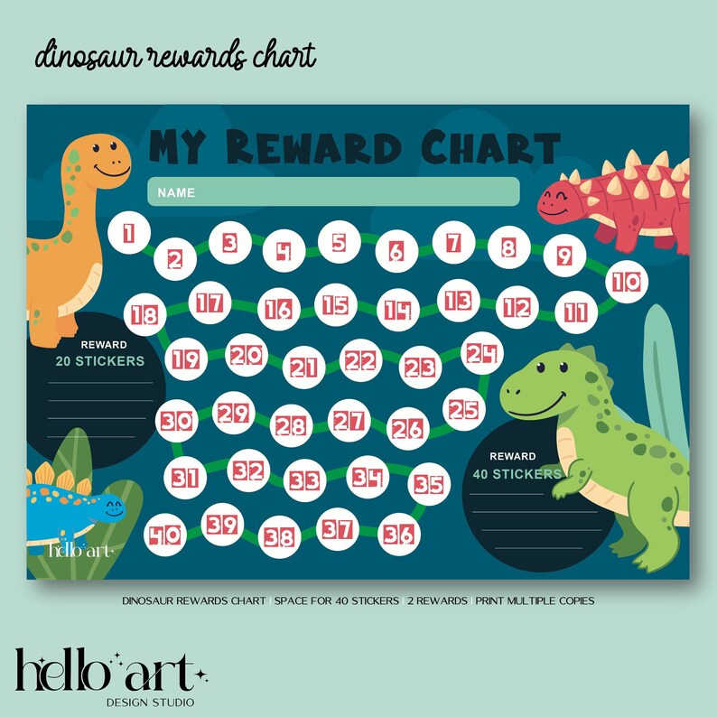 Dinosaur Kids Reward Chart | Instant Digital Printable | Fill in Name ...