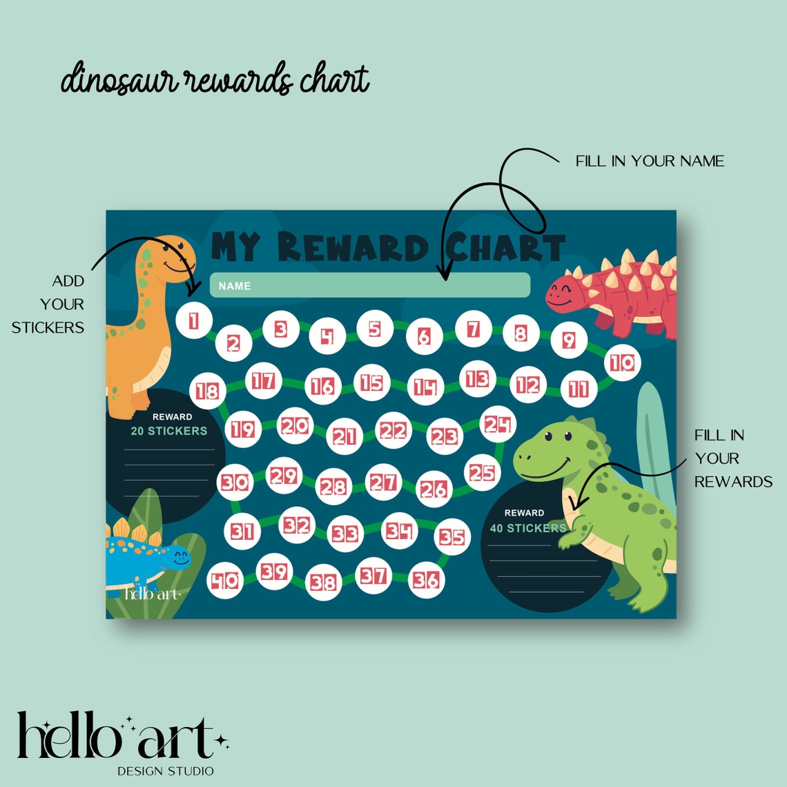 Dinosaur Kids Reward Chart | Instant Digital Printable | Fill in Name ...