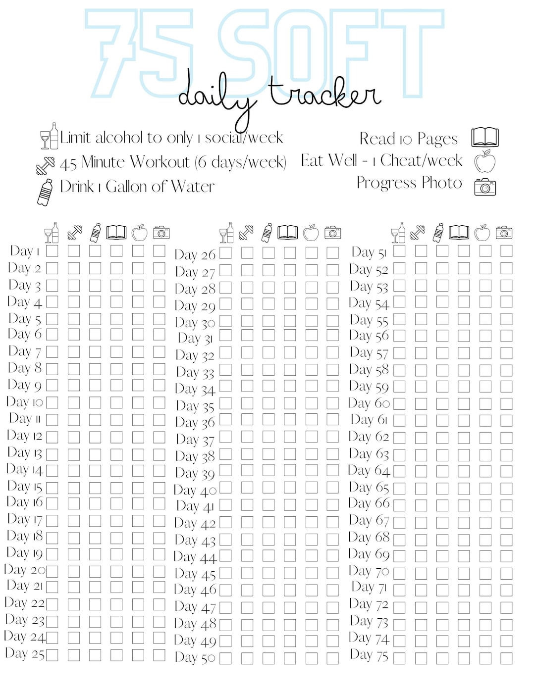 75 Soft Challenge Printable Tracker - Etsy