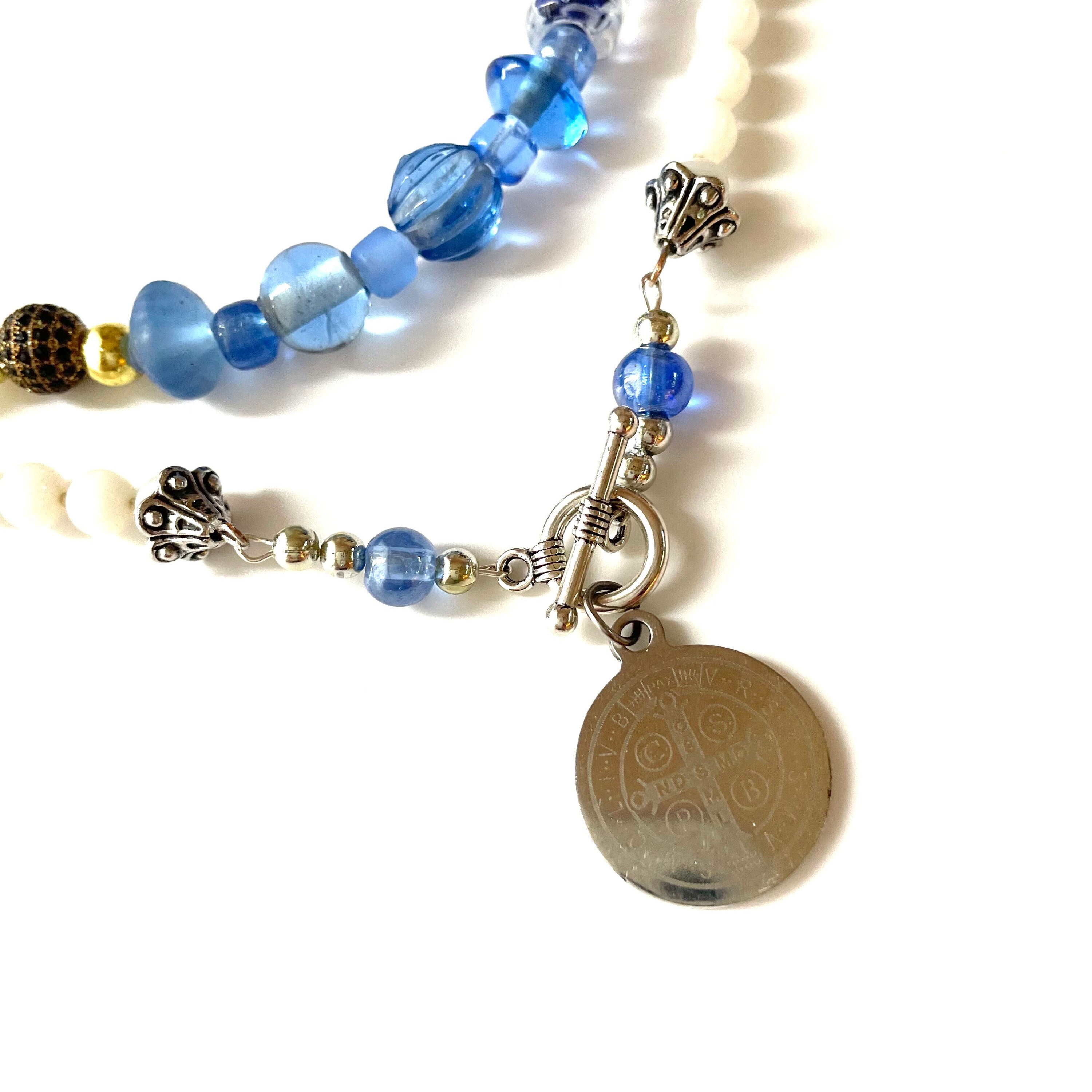 Saint Benedict Medallion Necklace: Handmade Religious Blue Murano Glass ...