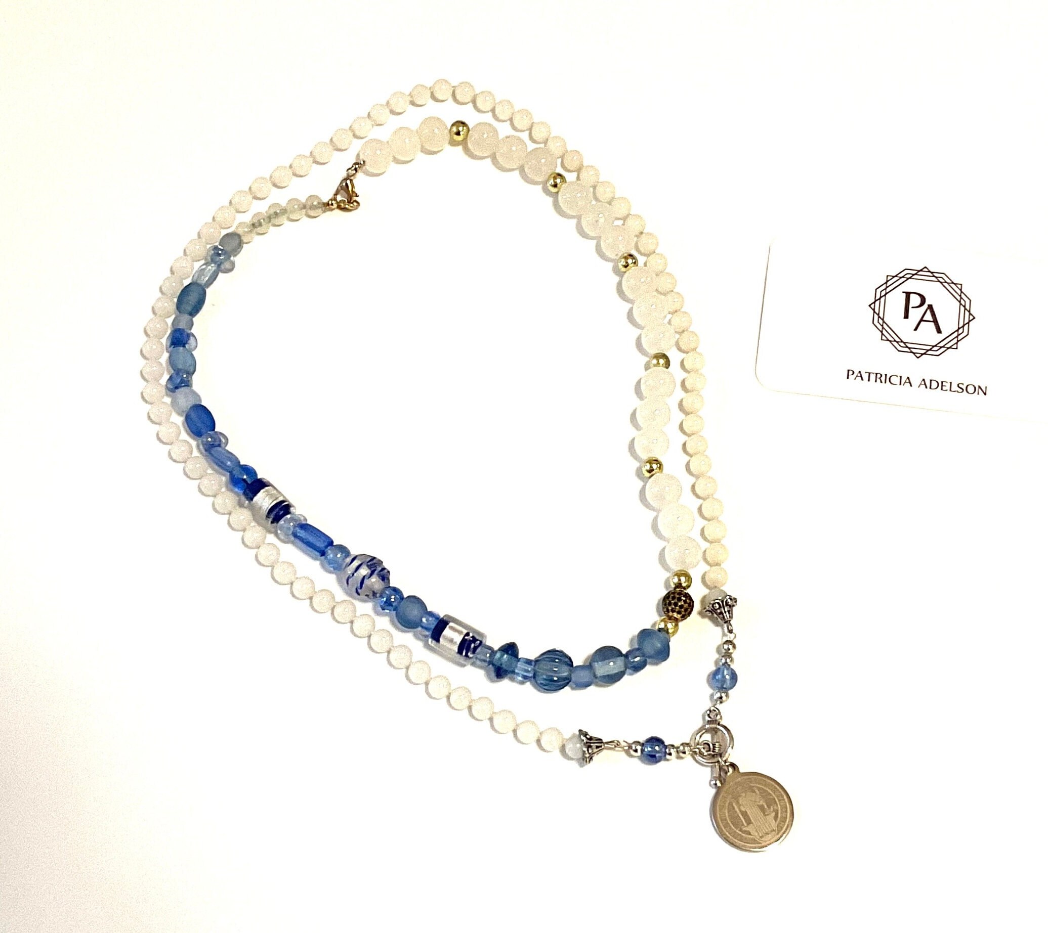 Saint Benedict Medallion Necklace: Handmade Religious Blue Murano Glass ...
