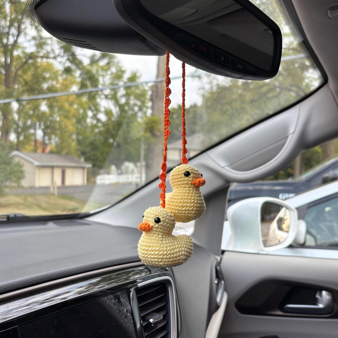 Crochet Ducky Car Mirror Hanger | Yellow Cotton Car Accessory - Etsy
