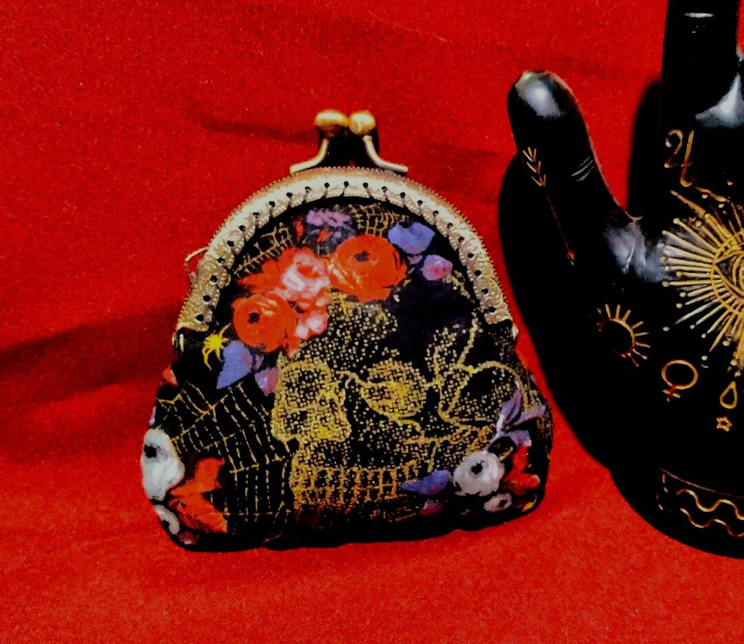 Goth Clutch Floral/gold Skull Coin Purse - Etsy