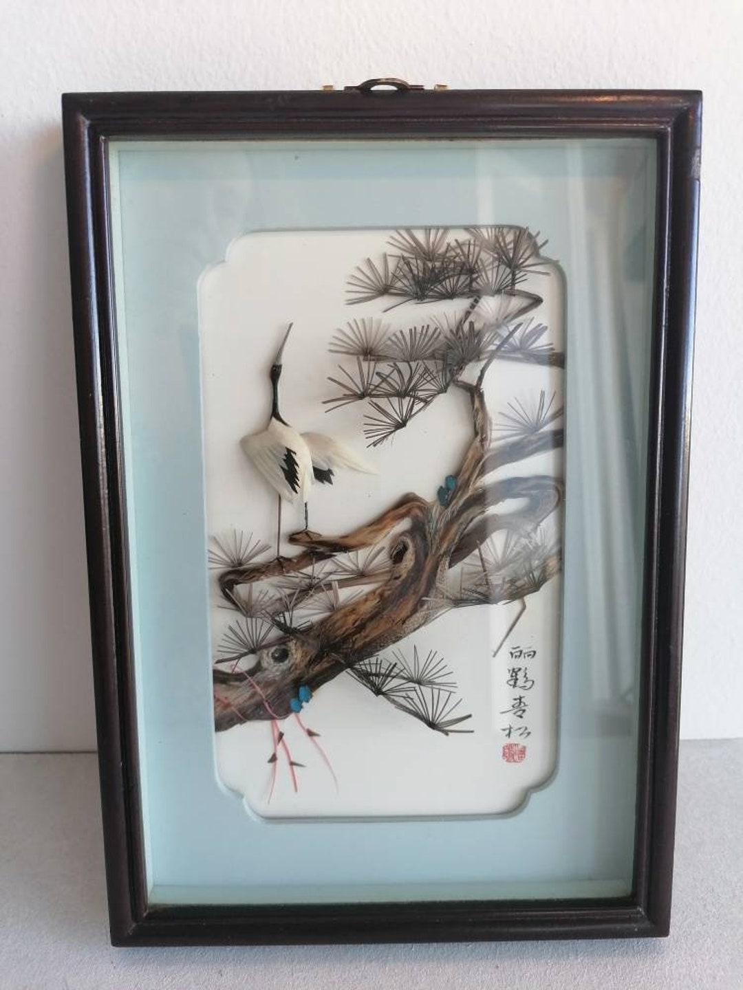 Vintage Japanese Picture Relief Crane With Pine Tree, and Blue Sky ...
