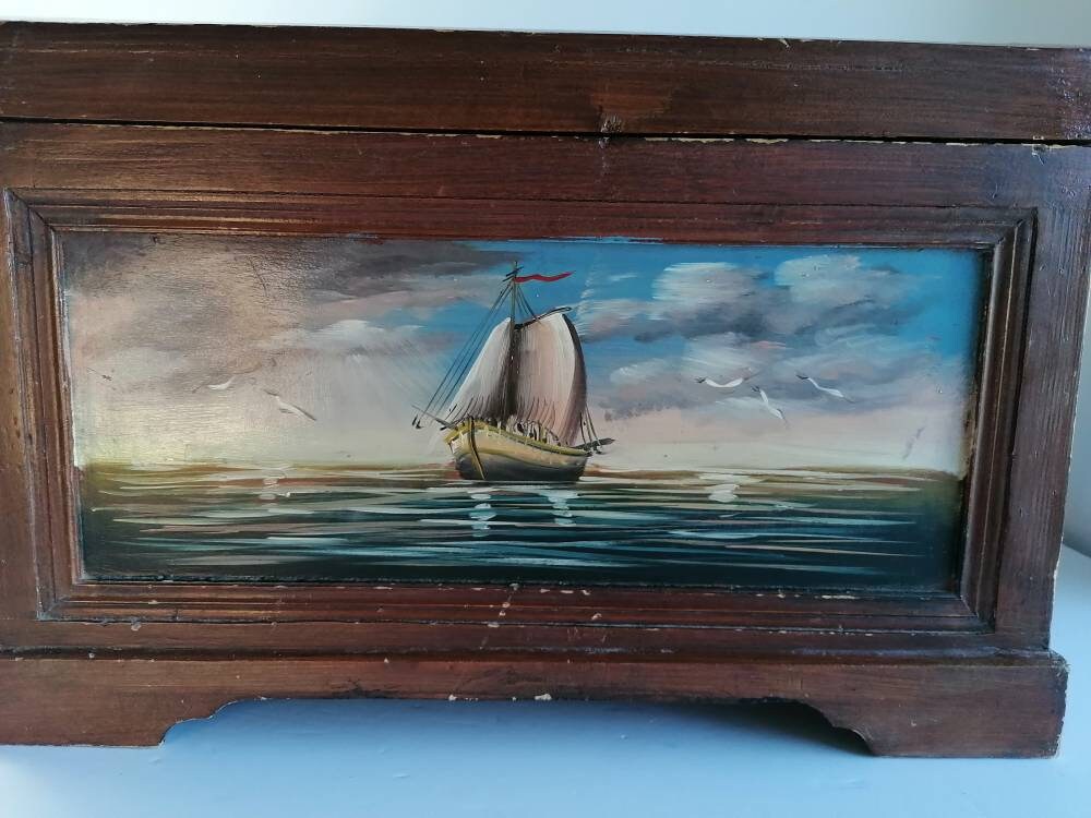 20" Massive Storage Box Wooden Sailing Ship Hand Painted Midcentury ...