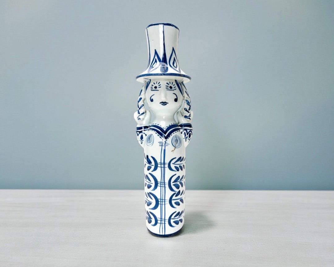 Bjor Wiinblad Blue& White Porcelain Folk Woman Tall Hat Figural Vase ...